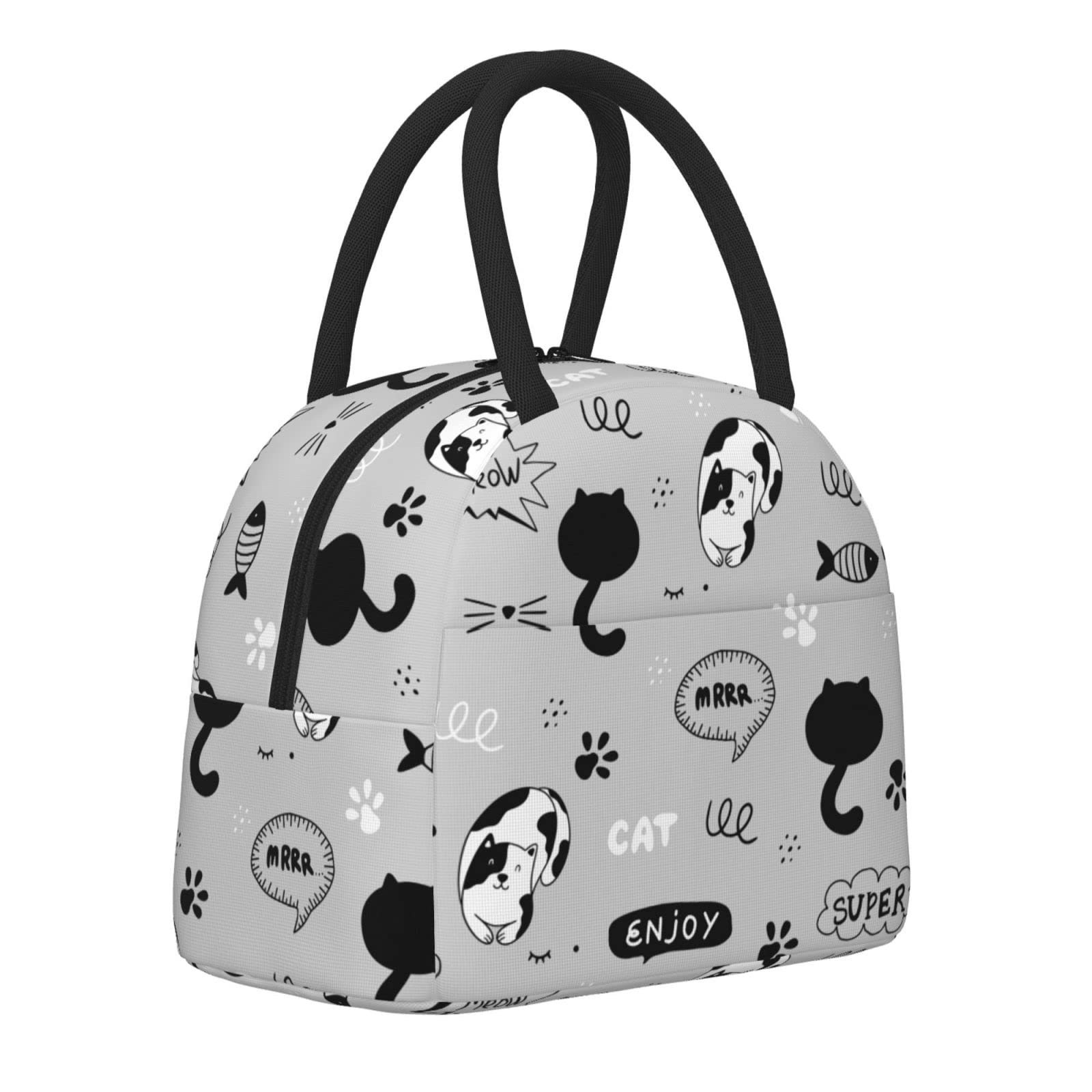 Oplp Cute Cats Fish Cat Paws Lunch Bag Box Meal Prep Insulated Handbag Reusable Lunch Container