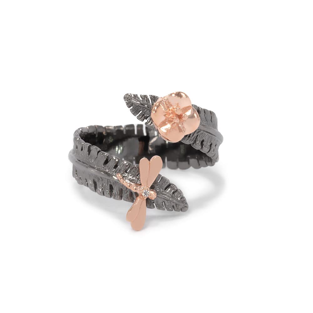 New Beginnings by Janyl Adair - Black Rhodium & Rose Gold Plated .925 Sterling Silver White Zircon 5/8" Flower & Dragonfly Fern Leaf Bypass Style Statement Ring - Size 10