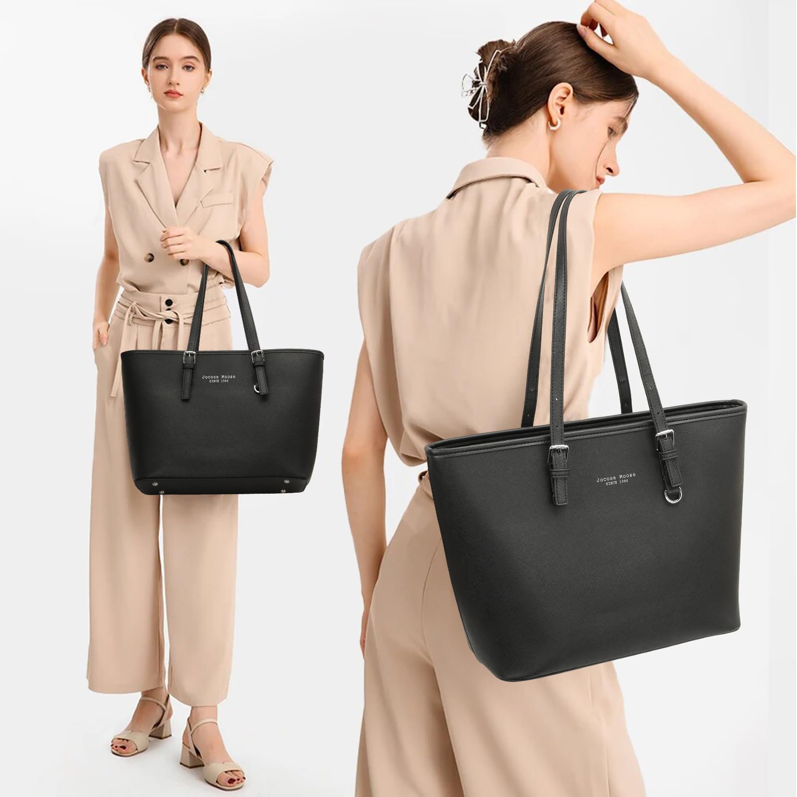 Jocose Moose Handbags for Women Wallet Tote Bag Shoulder Bag Top Handle Satchel Purse Set 3pcs(Black)
