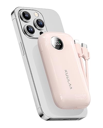 Kuulaa Portable Charger with Built in Cables 10000mAh USB C Power Bank Fast Charging LCD Display Battery Pack Charger Portable 3 Outputs for iPhone Pixel Samsung Android, Pink