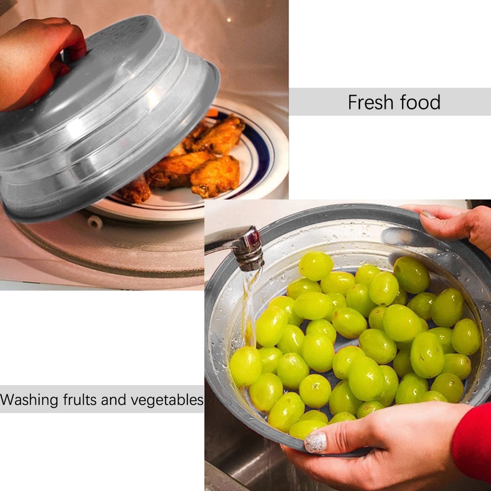 Microwave Splatter Cover for Food, Vented Collapsible Microwave Plate Cover with Easy Grip Handle,BPA-Free Silicone & Plastic, Gray, 10.5 inch