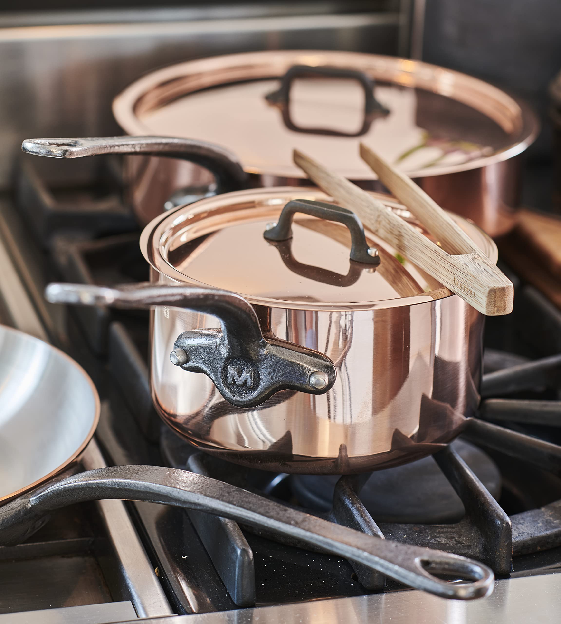 Mauviel M'Heritage M200CI 2mm Polished Copper & Stainless Steel Splayed Curved Saute Pan With Cast Iron Handle, 2.1-qt, Made In France
