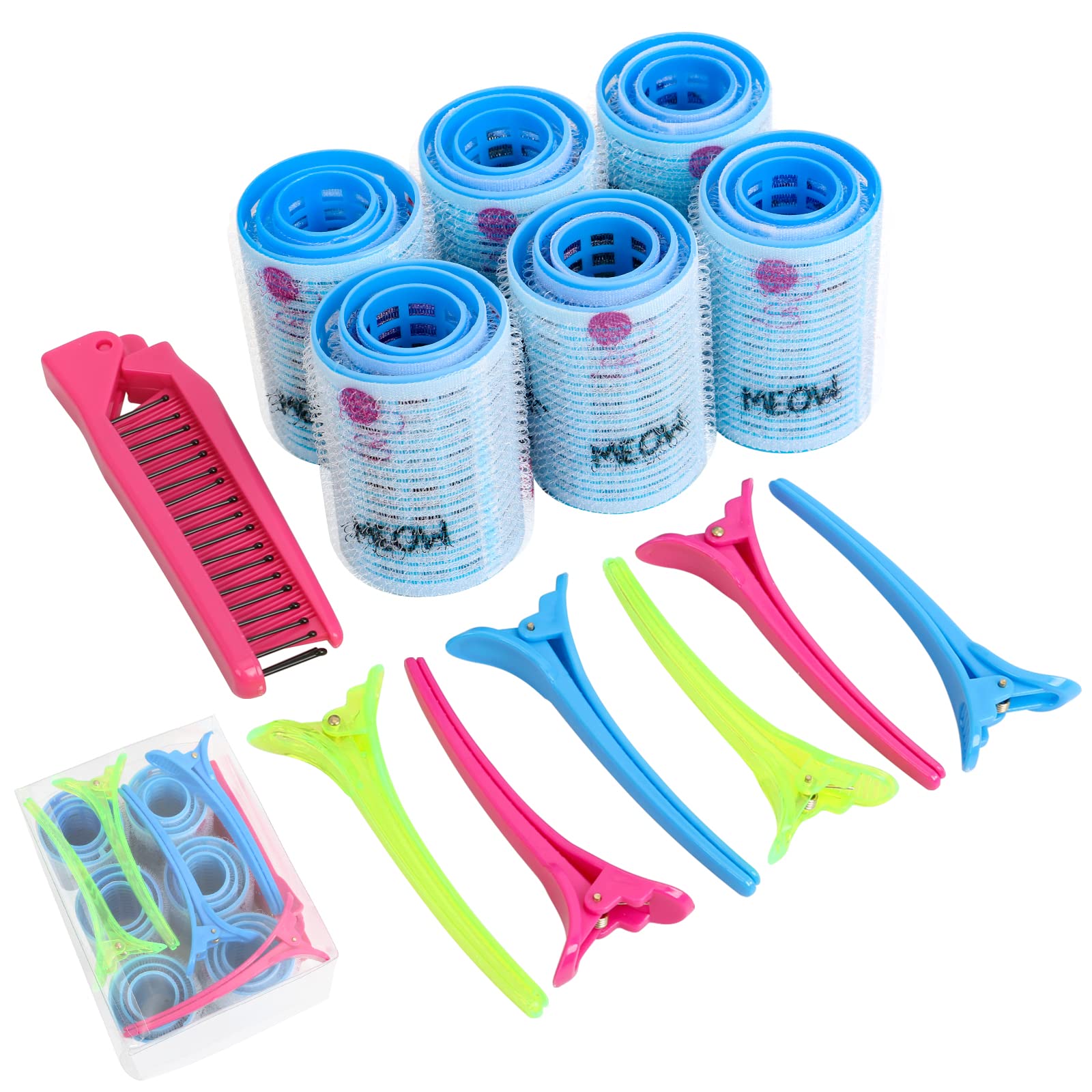 Self Grip Hair Rollers Set,Salon Hair Set, with Lovely Patterned Hair Dressing Curlers (Large, Medium, Small), Folding Pocket Comb, Duckbill Clips, Blue, 25 Piece Set