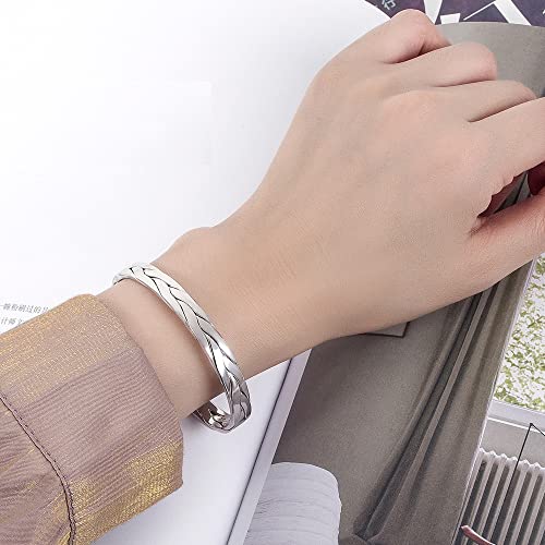 Meilanduo 925 Sterling Silver Couples Bangle Bracelet, Simple Dainty Twisted Braided Open Cuff Bracelet for Women Men (Width 9.3mm, Adjustable)