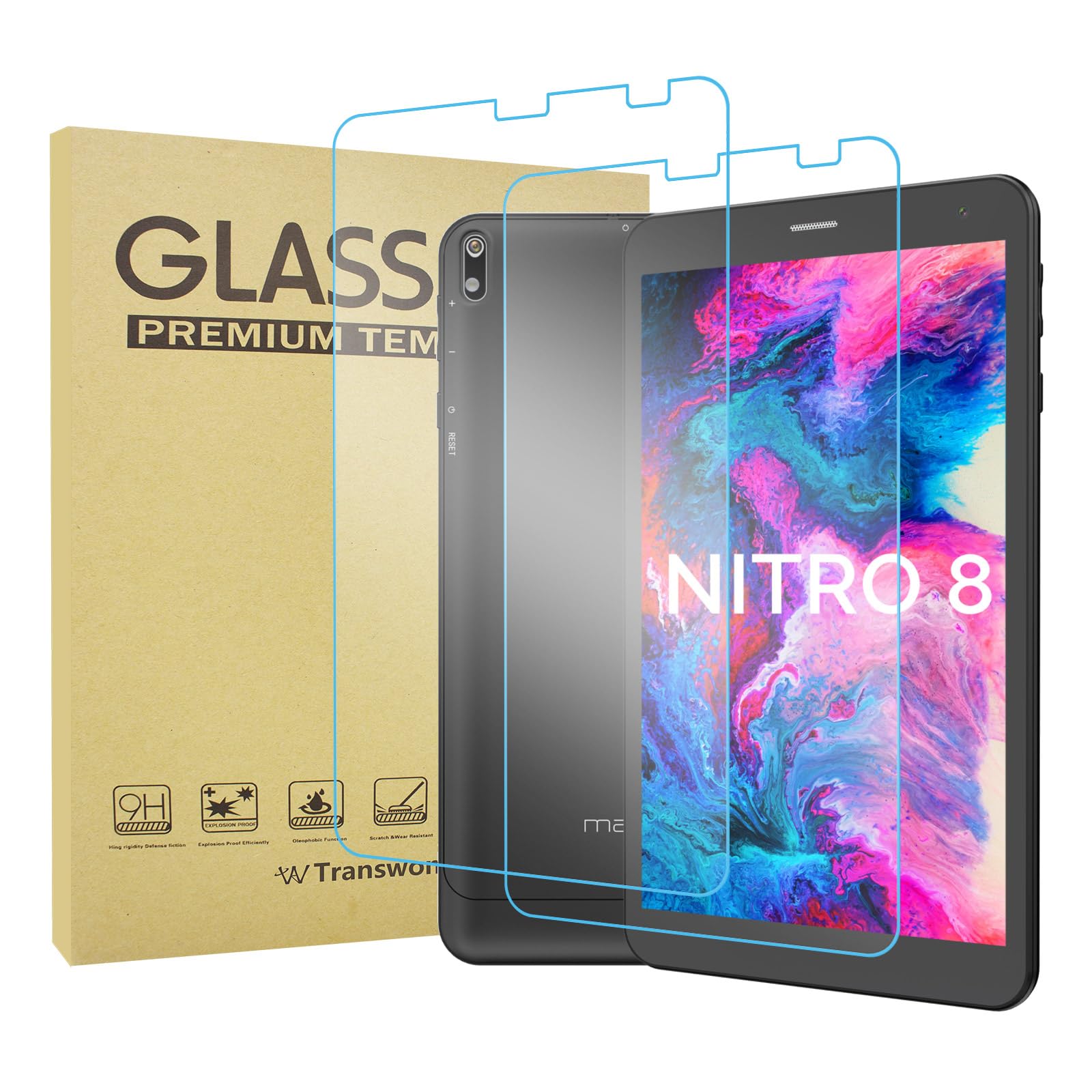 Nitro 8 Tablet Screen Protector/MAXWEST Nitro 8 Tablet Screen Protector Glass, Transwon 2PCS Tempered Glass for Maxwest Nitro 8 Tablet 8 Inch/Maxwest Astro 8Q Tablet