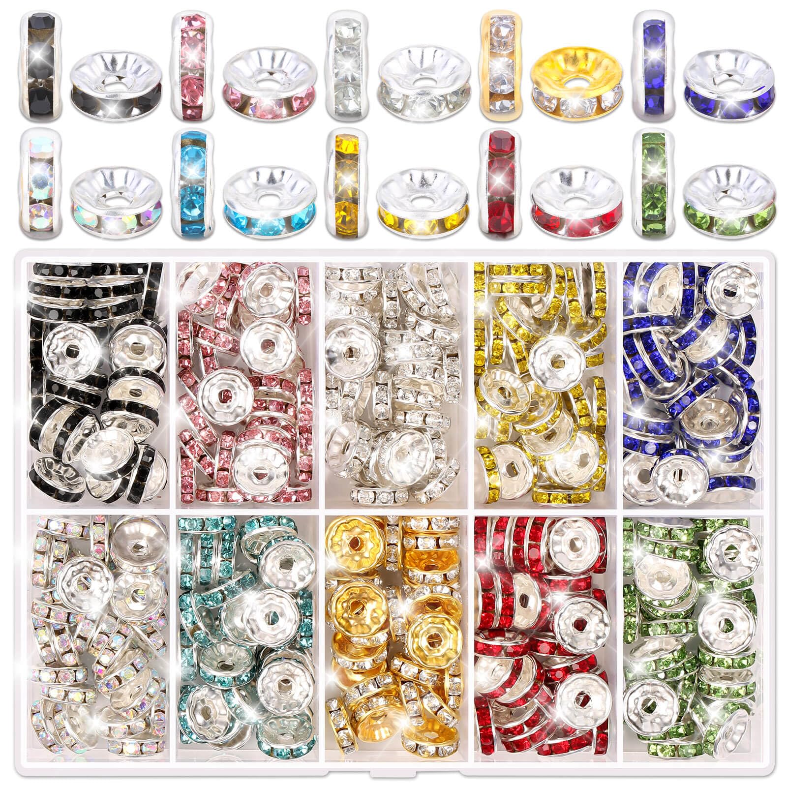 shynek 300 Pieces Rondelle Spacer Beads for Jewelry Making, 10mm Rhinestone Spacer Beads for Beaded Pens, Crystal Bead Spacers for Jewelry Making, Bracelets (10 colors)