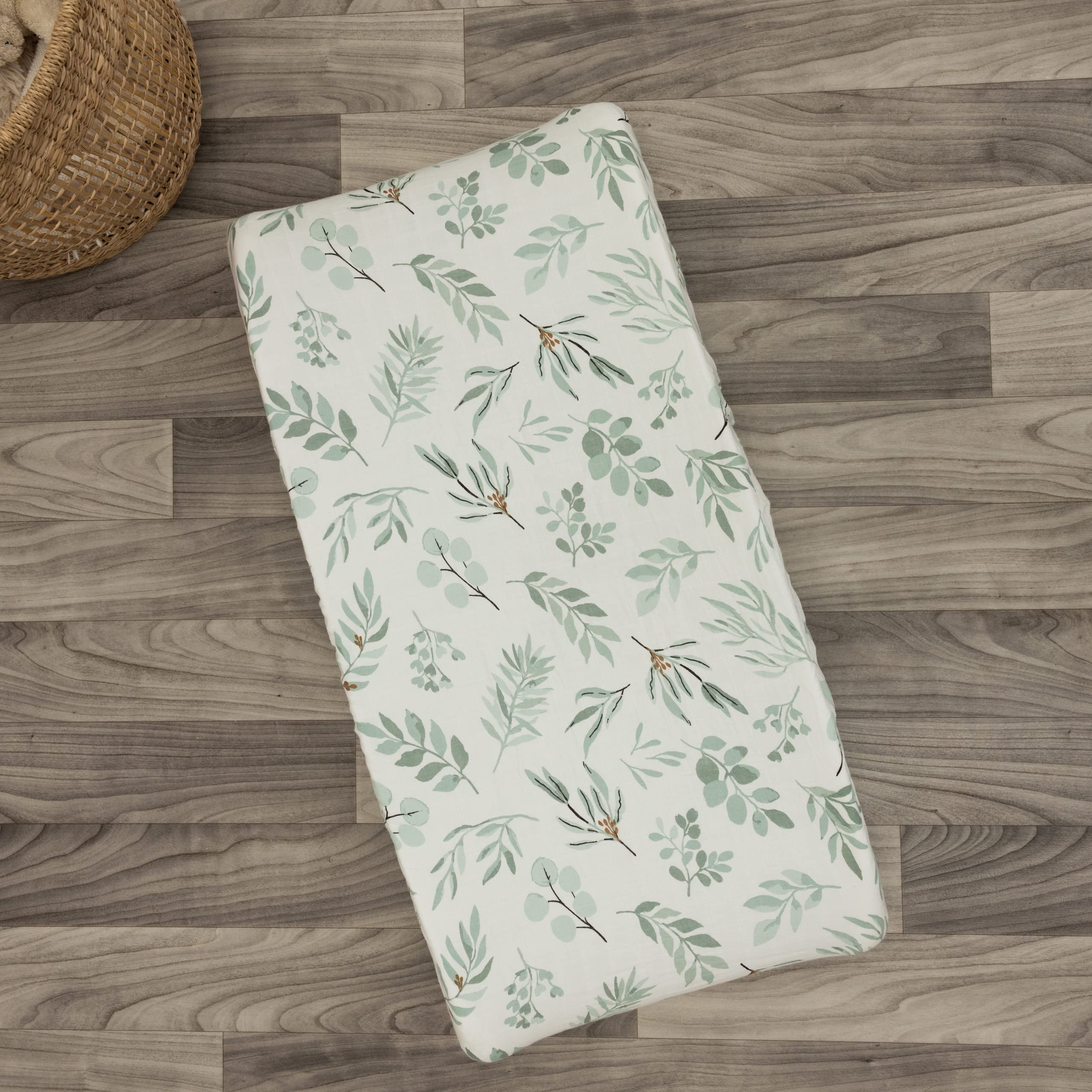 Organic Muslin Changing Pad Cover - Fitted Baby Changing Mat, Soft and Breathable, Eucalyptus Leaves, 16βx32β
