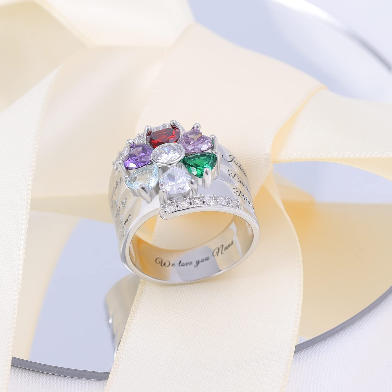 Laleonpame Mothers Ring Personalized Birthstones and Names Family Ring with 6 Heart Simulated Stone from Daughter Son