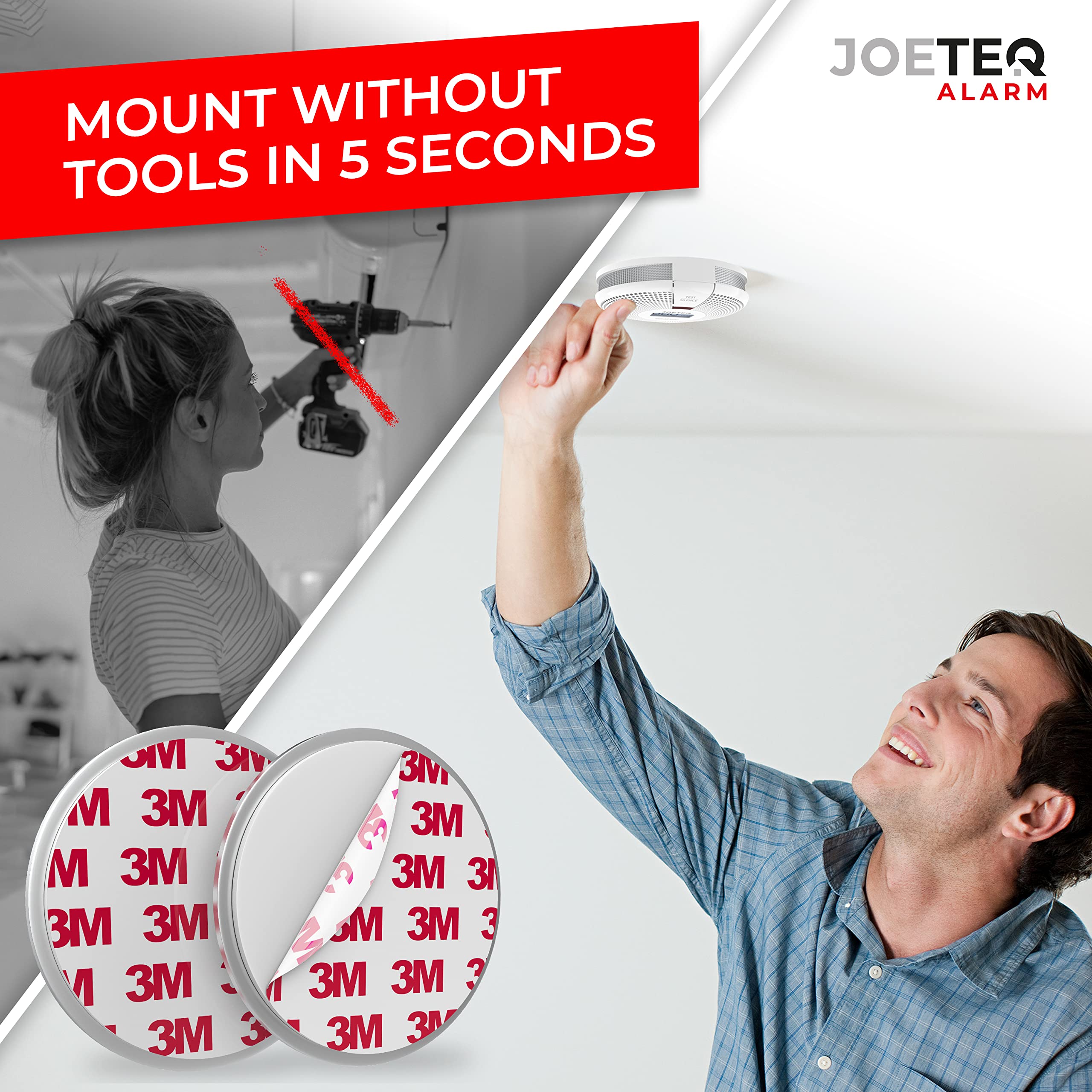 JOETEQ 2-in-1 Smoke and Carbon Monoxide Detector 10 Year Battery Operated Included - No Drilling Easy Adhesive Installation, SC01-BS, 1pcs