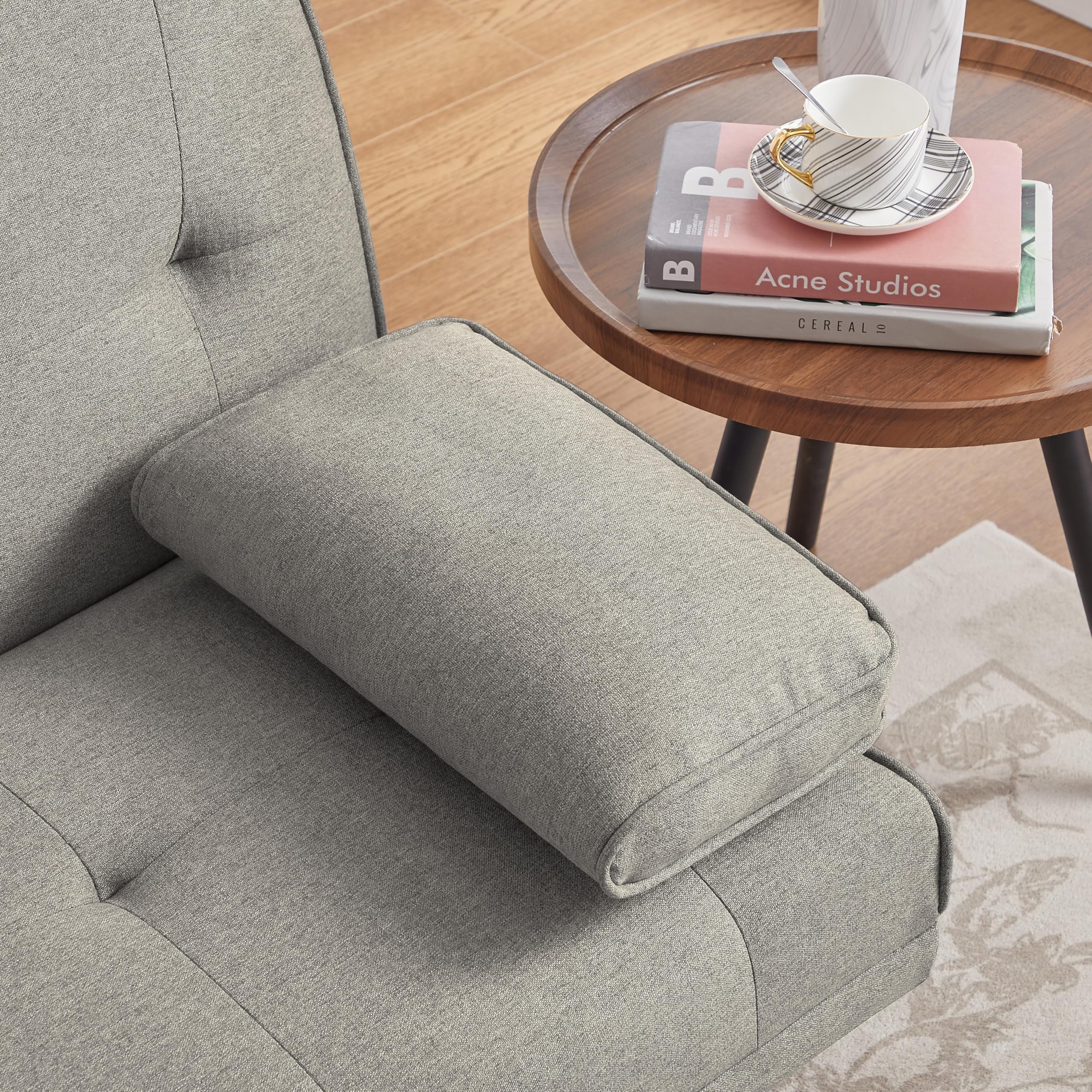 VIPKOE Folding Futon Linen Couch Sleeper Adjustable Sofa Bed for Living Room Stainless Steel Frame and Feet with 2 Cup Holders,Removable Armrests (Light Gray)