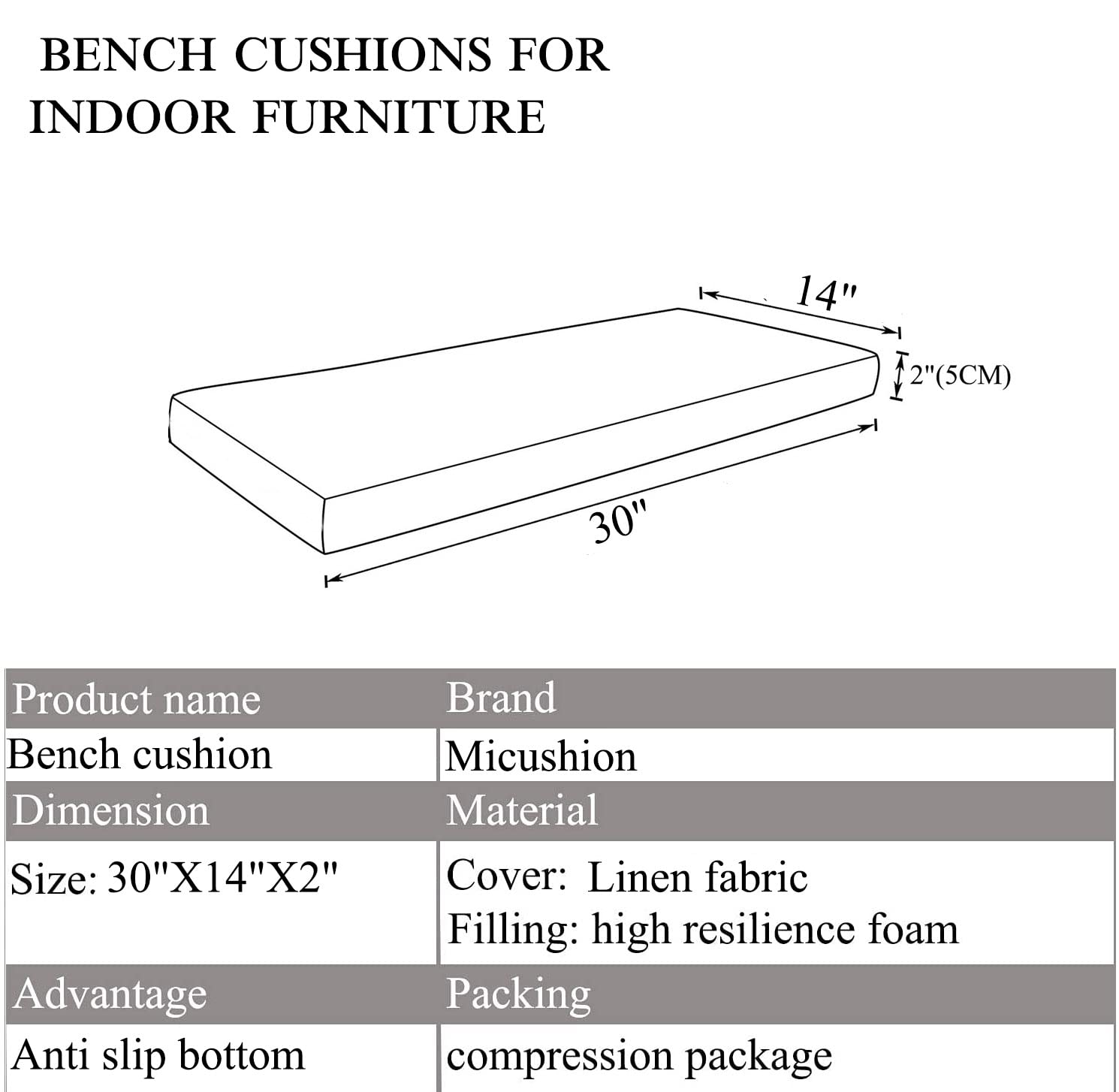 MICUSHION Piano Bench Cushion for Indoor Shoe Storage Non Slip Picnic Bench Pad for Kitchen Dining Table Seat 30 inch x 14, Light Brown