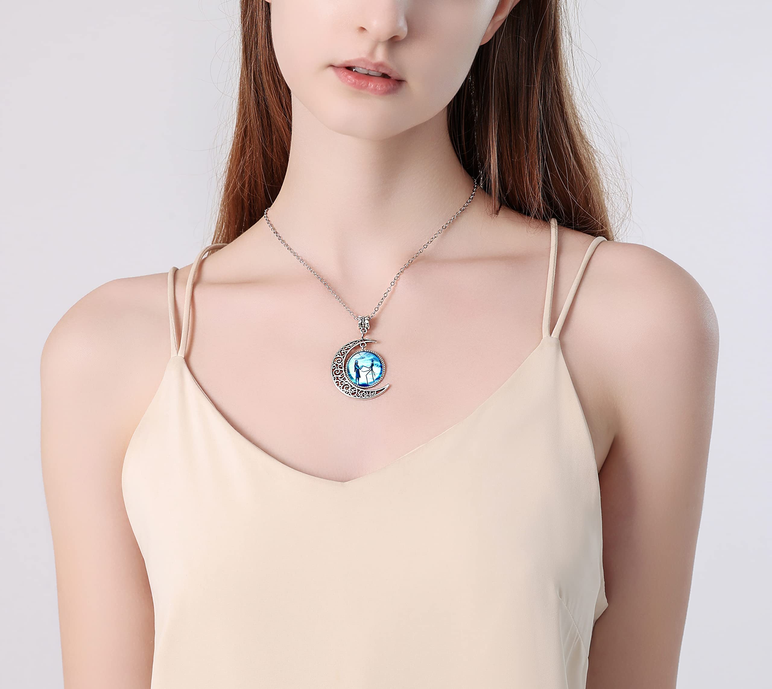 Jack and Sally Nightmare Before Christmas Moon Pendant Charm Crescent Necklace