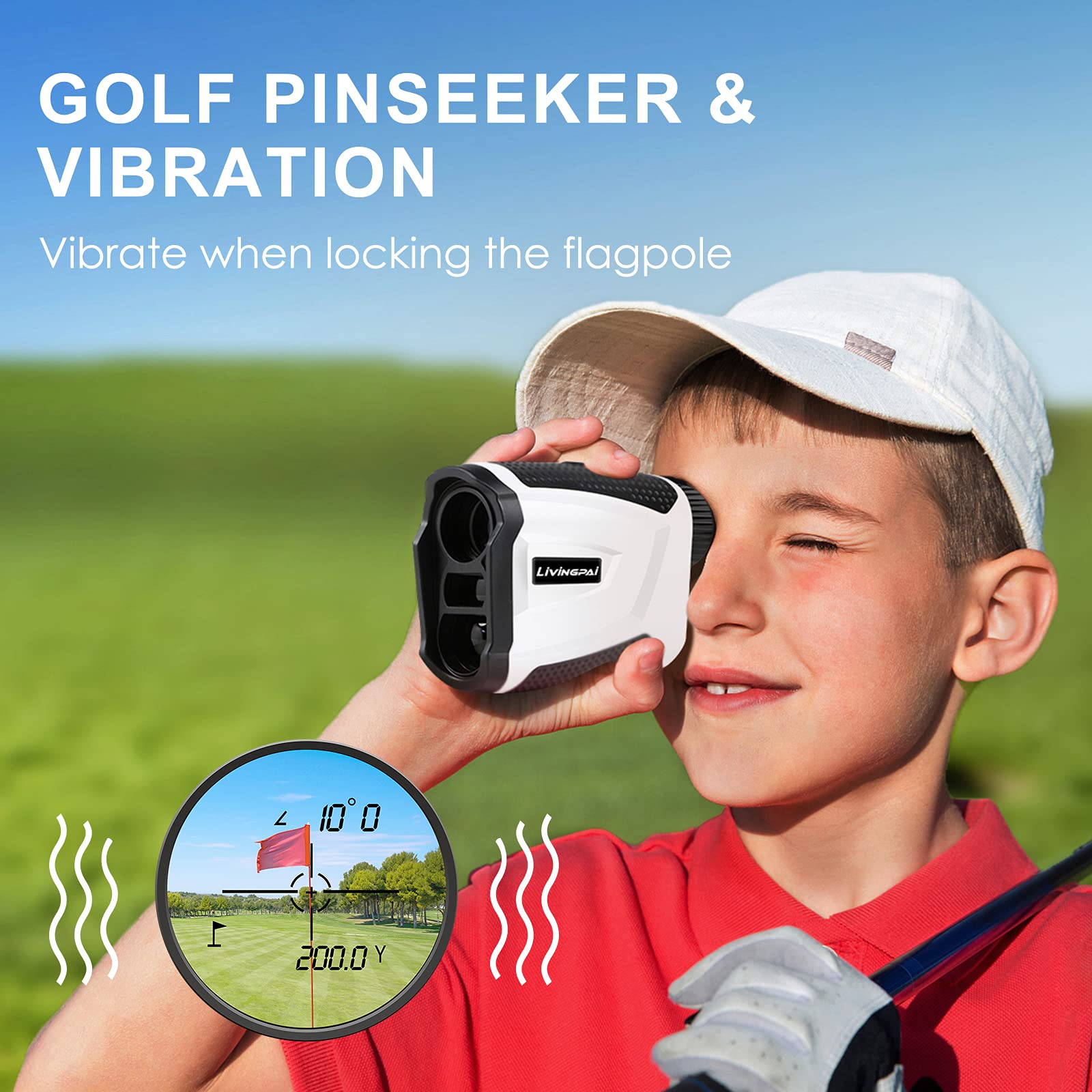 Livingpai Golf Rangefinder, 1000 Yards Rechargeable Laser Range Finder with Slope, Flag Lock with Vibration, 7X Magnification, Continuous Scan, Rangefinder for Golfing & Hunting