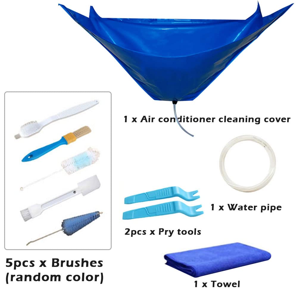 MOFUCA Split Air Conditioner Cleaning Cover Kits, Waterproof Wall Mounted Air Conditioning Dust Washing, Clean Bag with Water Pipe Brushes Towel Pry Tools(Blue)