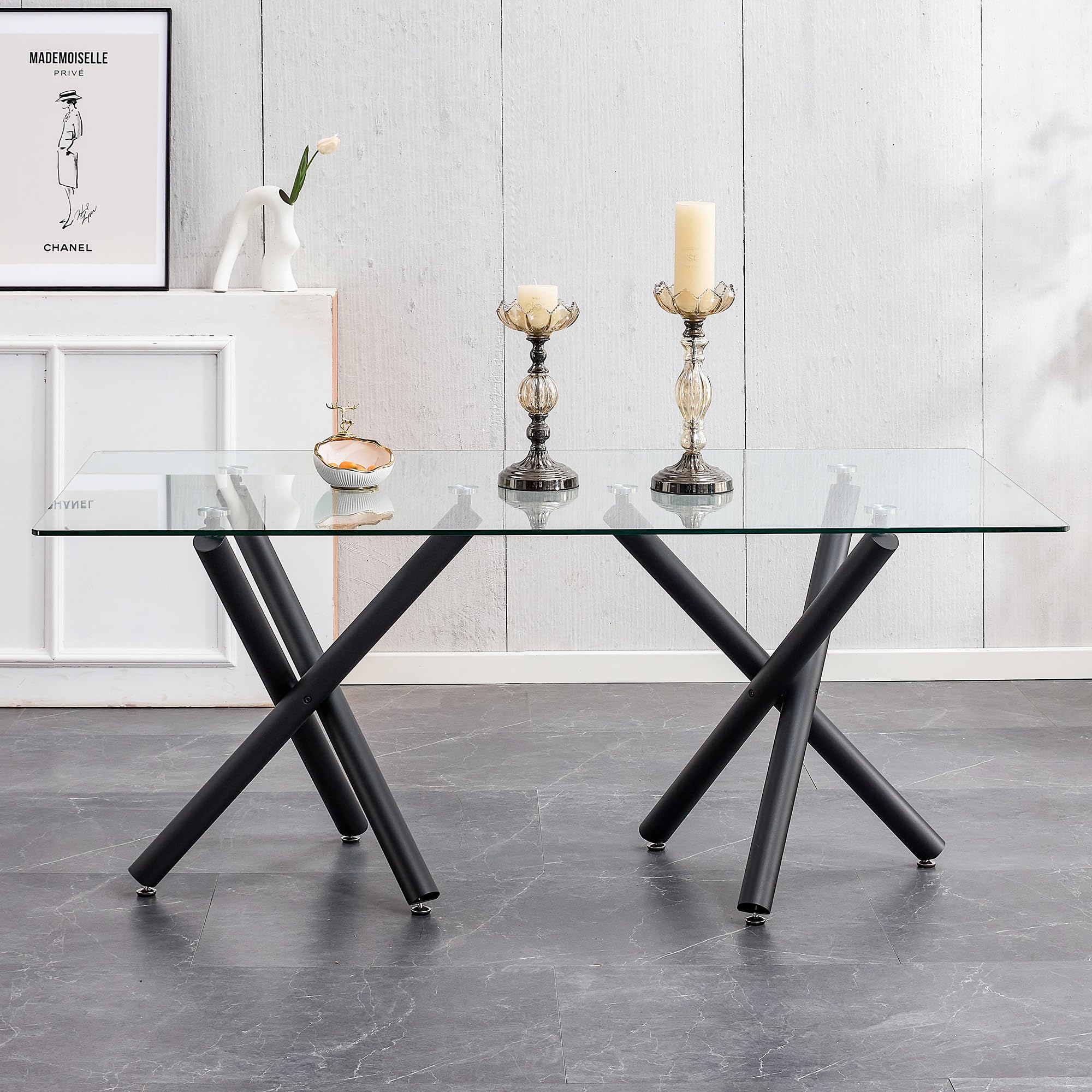 JBFF 71" Large 6-8, Modern 0.39" Tempered Glass Top Black Metal Pedestal Base, Easy Assemble, Mid-Century Rectangle Dinner Table for Dining Living Room, Kitchen