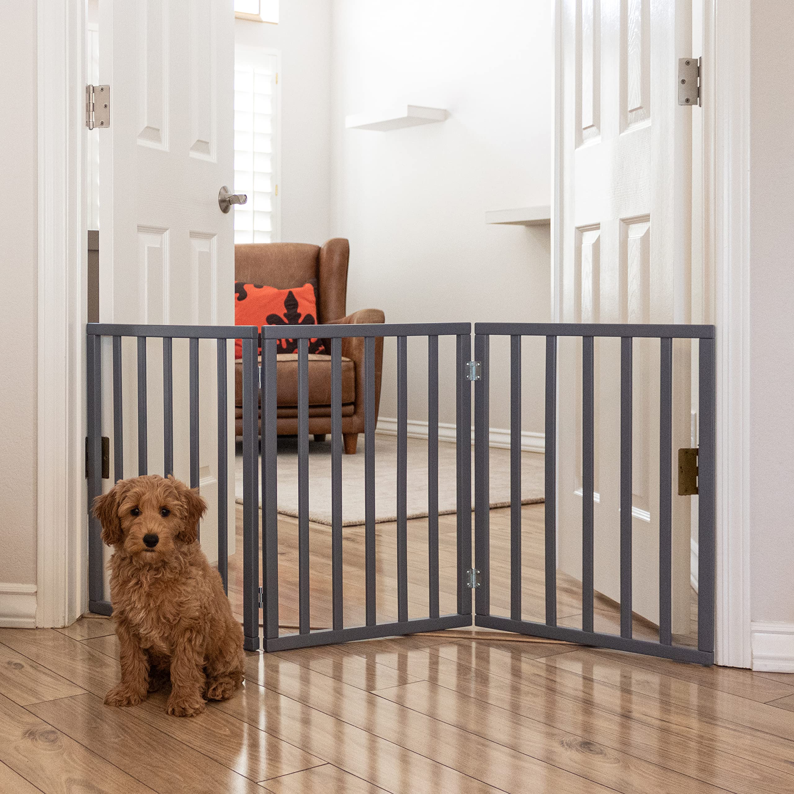 Primetime Petz - Best Freestanding, Hard Wood, Folding Pet Gate, Indoor Dog Fence for Home,Gray