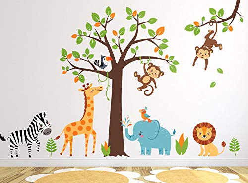 Jungle Safari Animals Wall Decal Sticker, Safari Animals Nursery Kids Room Sticker, Monkey Zebra Giraffe Lion Elephant