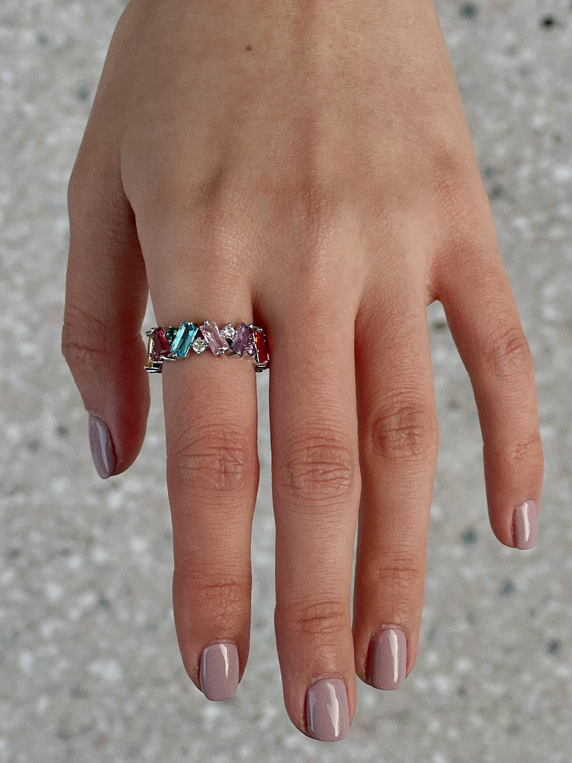 Michooyel Eternity Rainbow Ring Band Ring for Women Rhodium Plated Baguette Multicolor Cubic Zirconia Eternity Ring