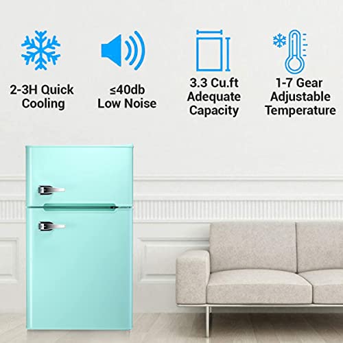 Joy Pebble Small fridge with freezer,3.2 cu.ft compact refrigerator with freezer,Mini Fridge for bedroom, Dorm or Apartment with Adjustable Removable Glass Shelves