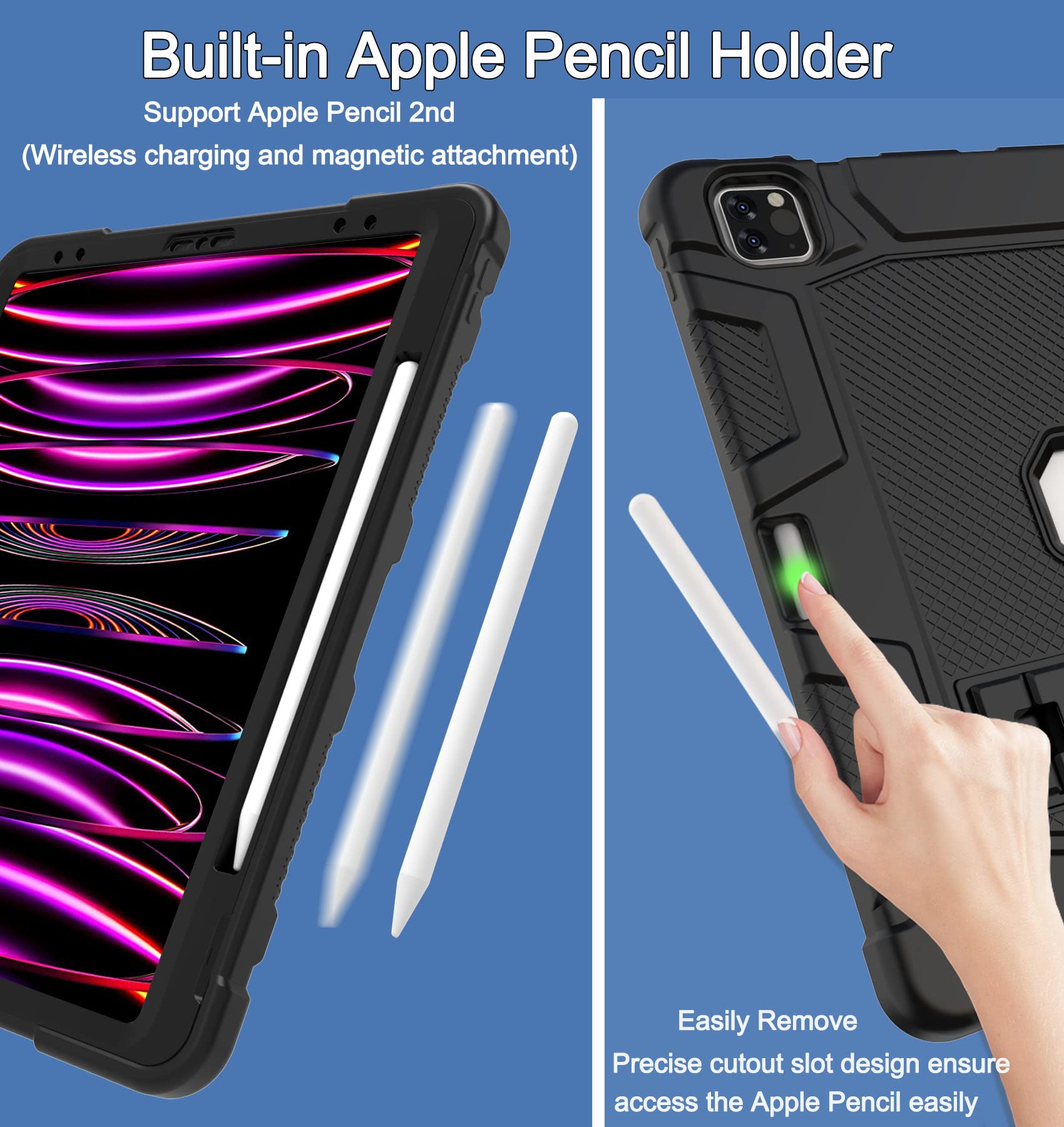 Rantice iPad Pro 12.9 Case 6th/5th Generation with Apple Pencil Holder, Hybrid Shockproof Rugged Drop Protection Cover with Kickstand for iPad Pro 12.9'' 2022/2021 Released (Black)
