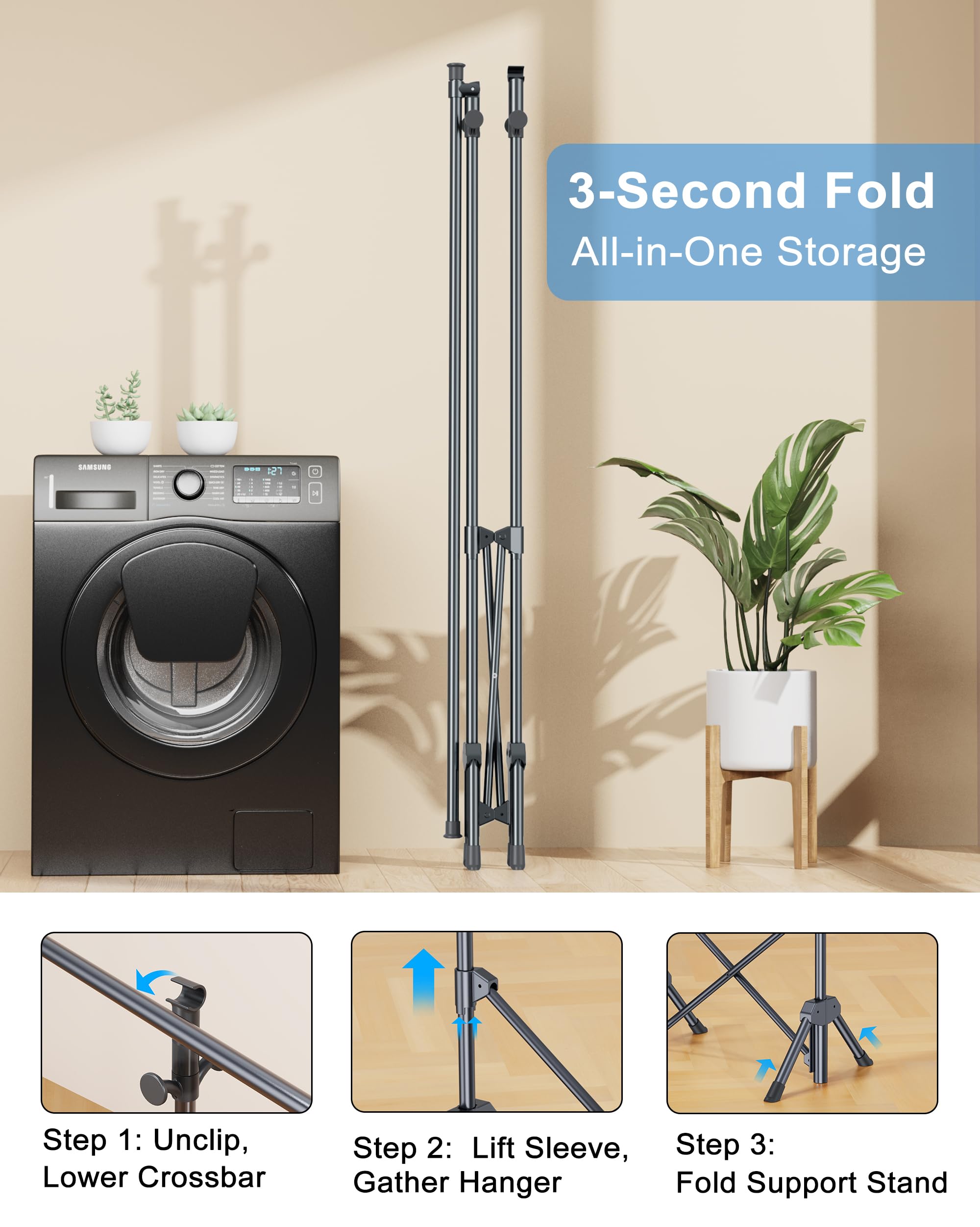 Runsand No Installation Clothes Rack,Portable Folding Carbon Steel Garment Rack - Versatile Heavy Duty Coat Rack with 4 hooks for Indoor and Outdoor Use - great for Home, Camping,Travel (Dark Grey)