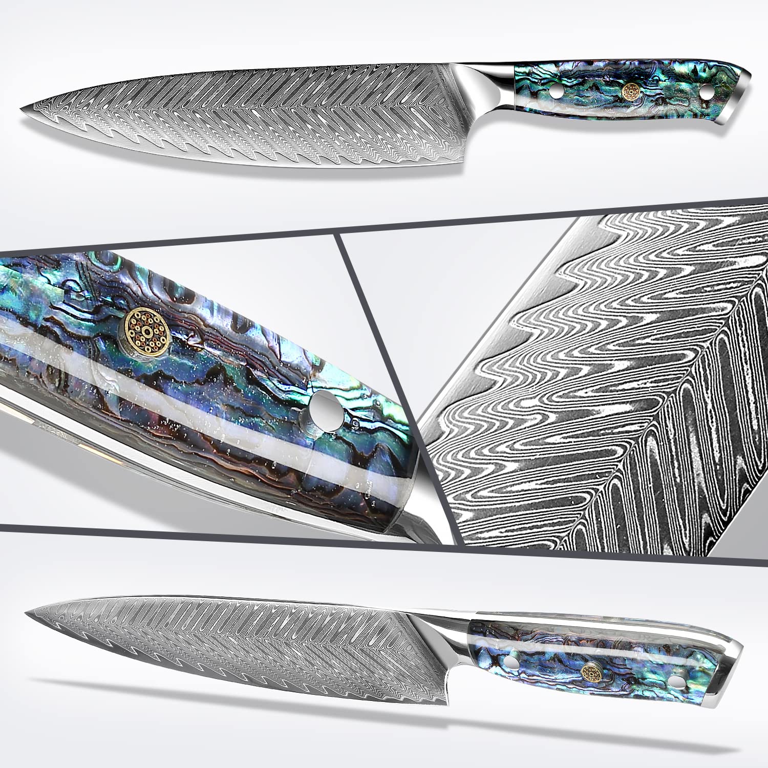 SENKEN Damascus Steel Kitchen Knife Set - Umi Collection - 67-Layer Japanese VG10 Steel, Real Deep-Sea Abalone Shell Handle, Chef's Knife, Santoku, Paring, Fillet, Utility (5-Piece Damascus Knife Set)