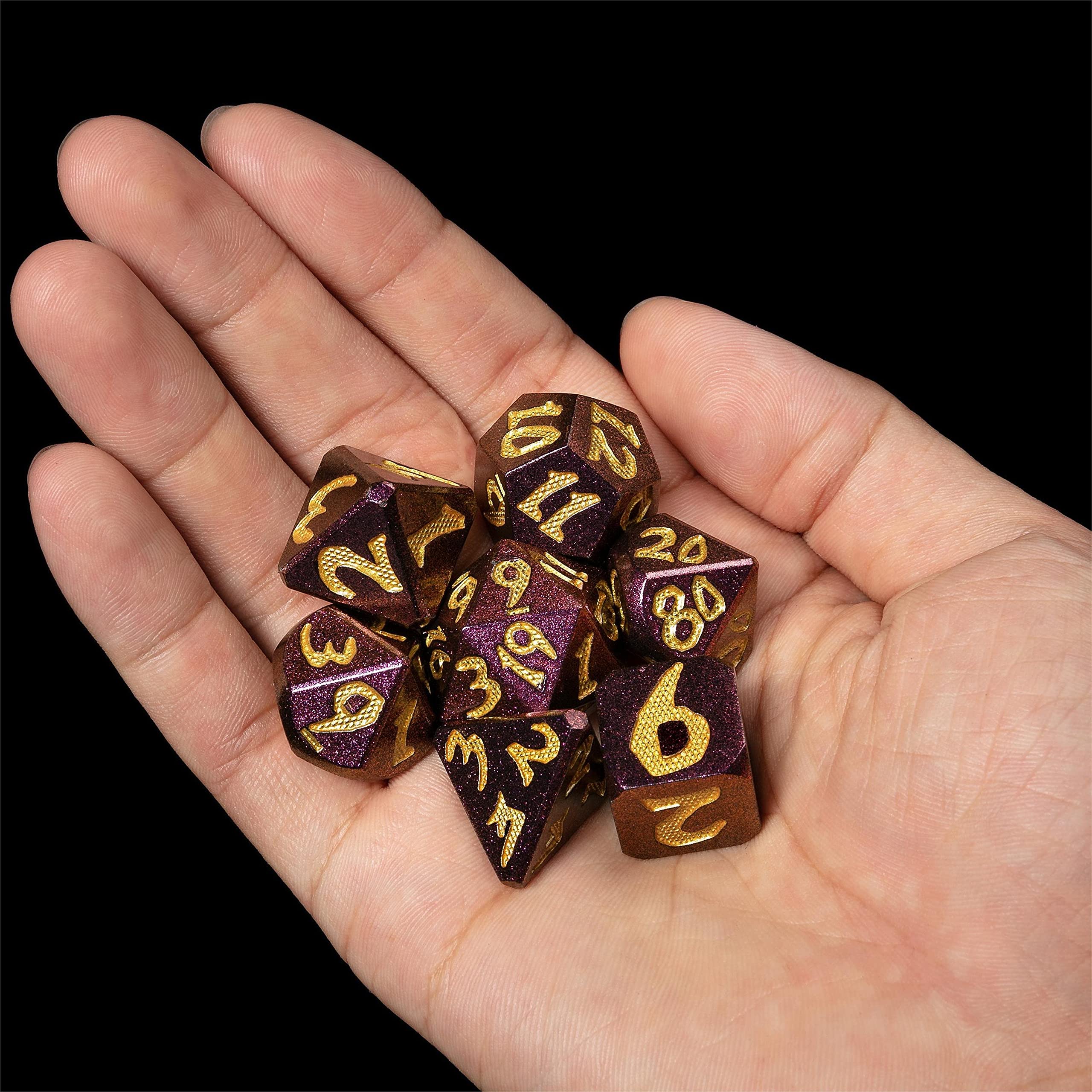 Metal Dice Set with Gift Box-7 Pcs DND Dice Set Purple Surface and Golden Number for Dungeons and Dragons RPG Games