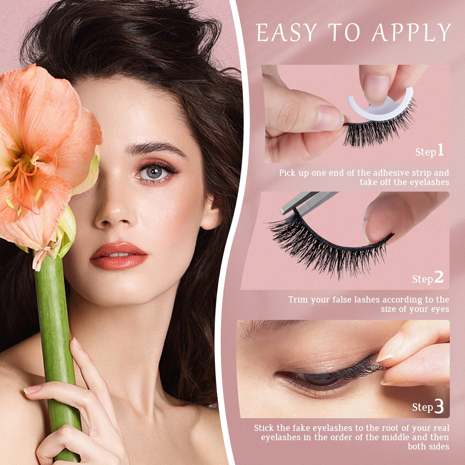 Reusable Self Adhesive Eyelashes,14-20MM 2styles Mink Wispy Cat Eye Lashes Fluffy Curly Natural Look, Russian Strip False Lashes No Glue, Safe Waterproof Fake Lashes Easy to Put On