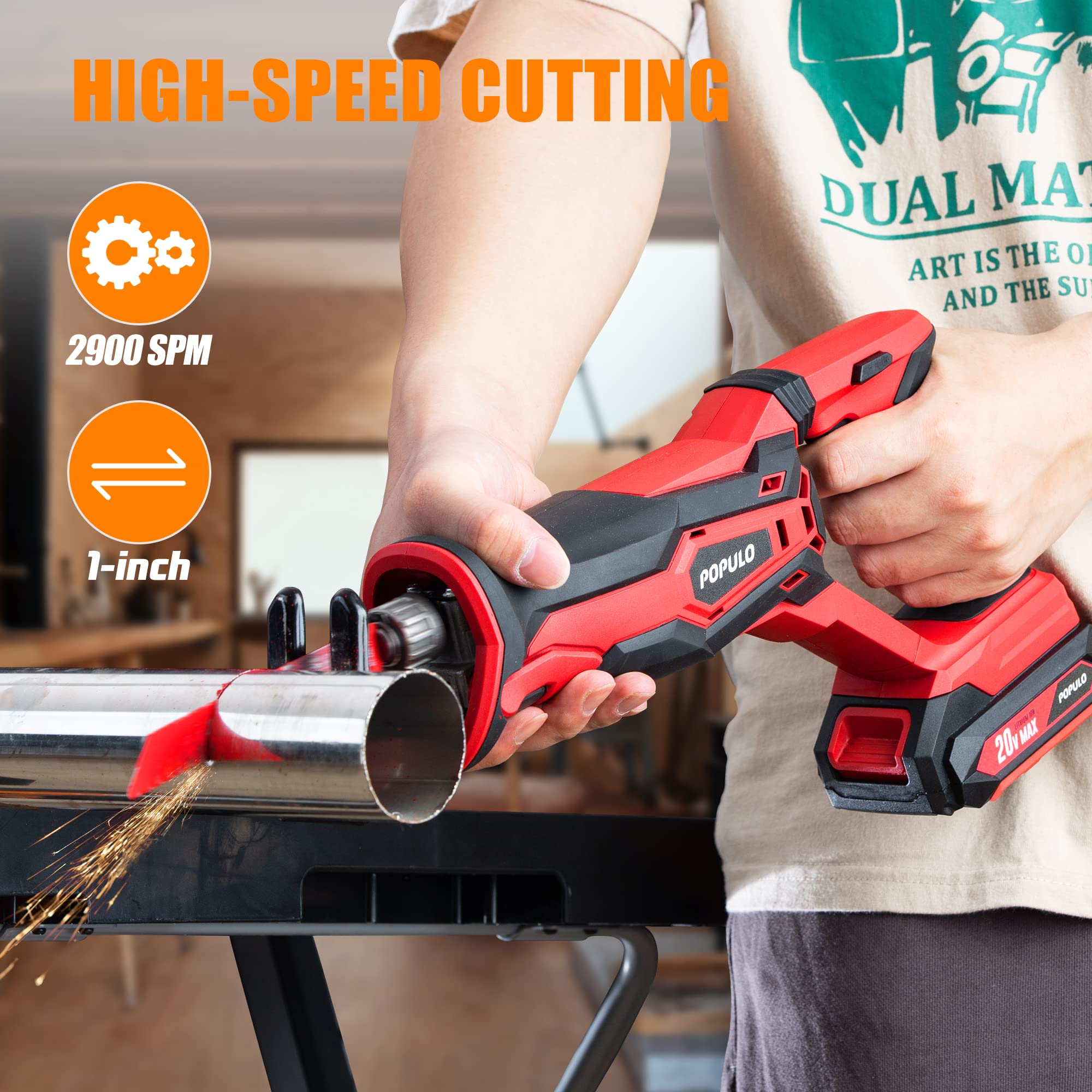 POPULO Cordless Reciprocating Saw, 20V MAX Battery Power Saw, Electric Reciprocating Saws for Wood, Trees, Metal, or PVC Pipe Cutting, Cordless Saw with 2.0Ah Battery, and Fast Charger