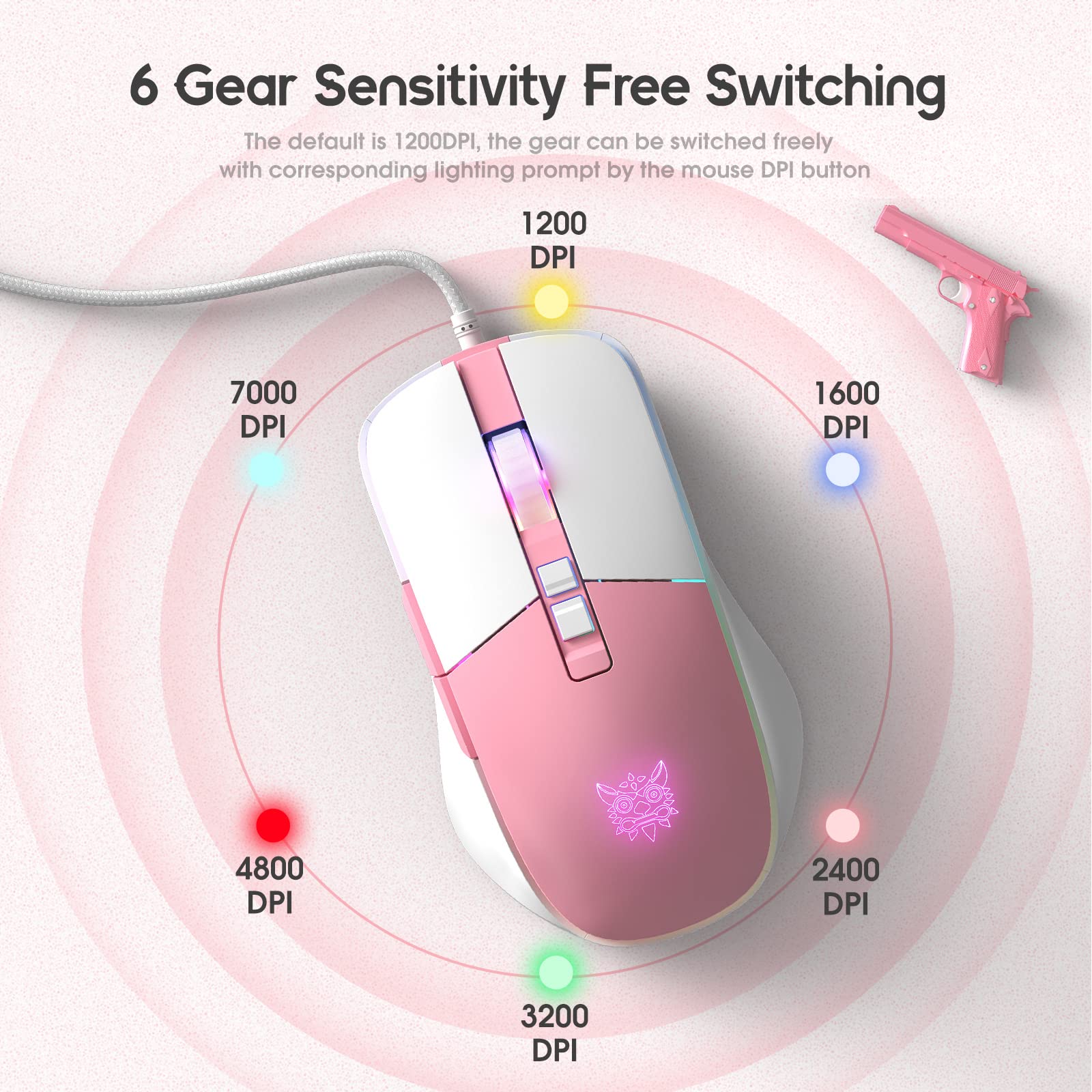 Pink Mouse Ergonomic Gaming Wired Mouse, Color-Blocking Design Mice with 6 Adjustable DPI Up to 7000 and 13 Color Backlight, Pink PC Gaming Mice for Office/Windows/Mac and Laptop (CW916)