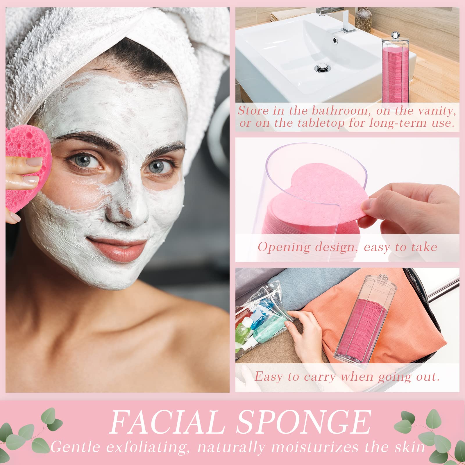 Sieral 120 Pcs Compressed Facial Sponges with Container Face Sponge Disposable Sponge Pads for Washing Face Cleansing Exfoliating Esthetician Makeup Removal(Pink, Heart)