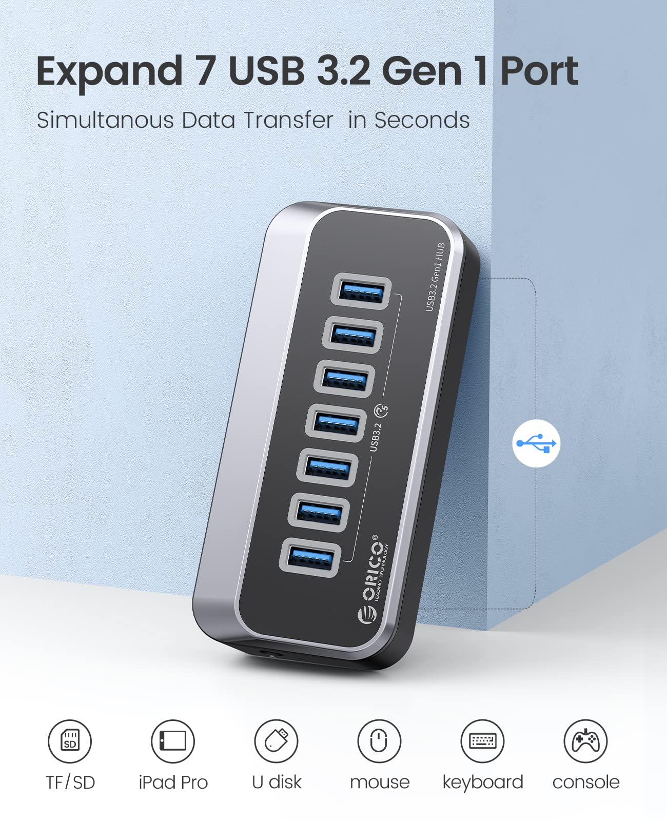 ORICO USB 3.0 Hub [5Gbps], 7 Port USB Hub with 1.64Ft USB-C Cable and USB-A Adapter, USB 3.2 Gen1 Splitter for iMac, All MacBooks, Mac Mini