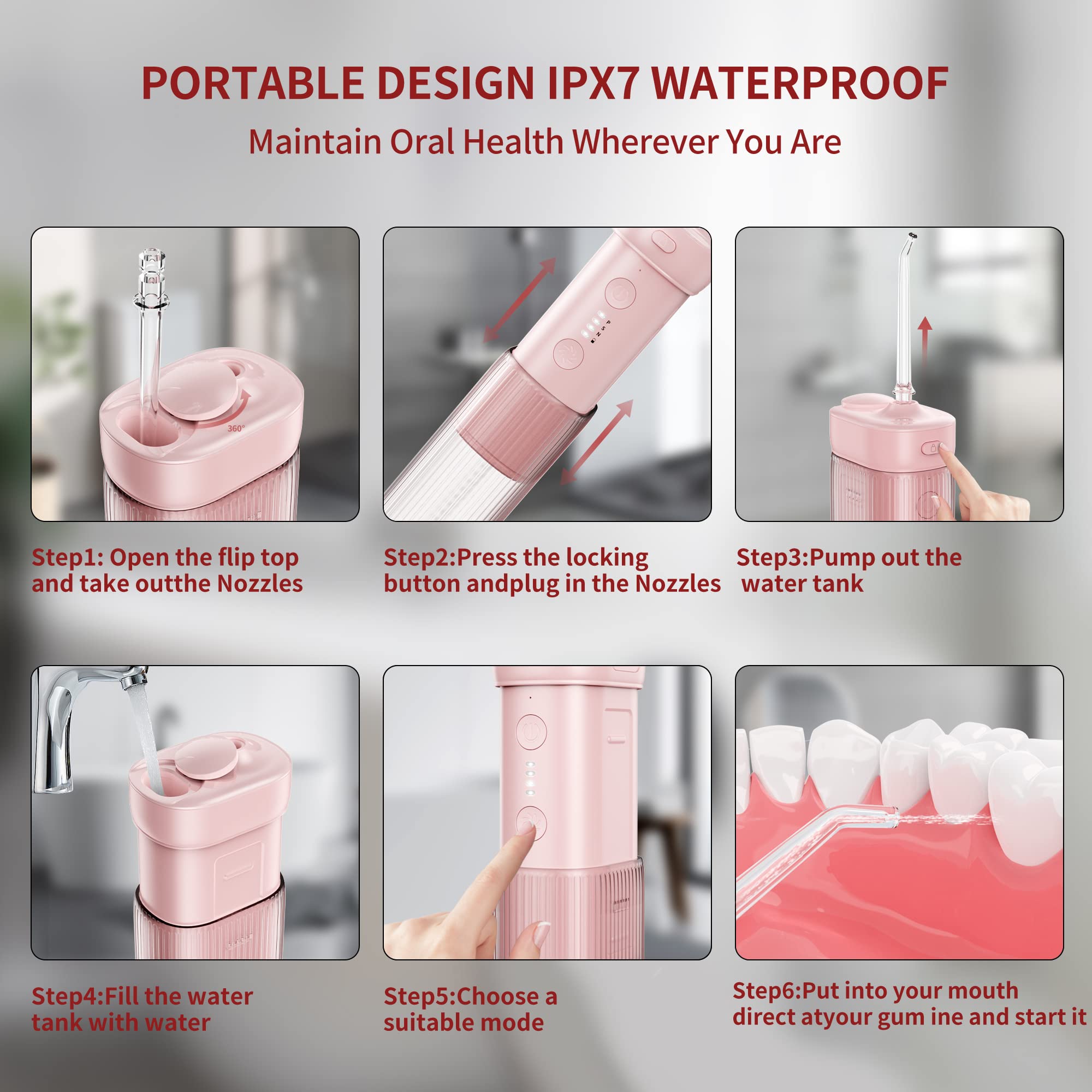 Portable Water Flosser, Mini Cordless Oral Irrigator, Power Dental Flosser with Detachable Water Tank IPX7 Waterproof, 3 Adjustable Modes Comes with Storage Bag(Pink)