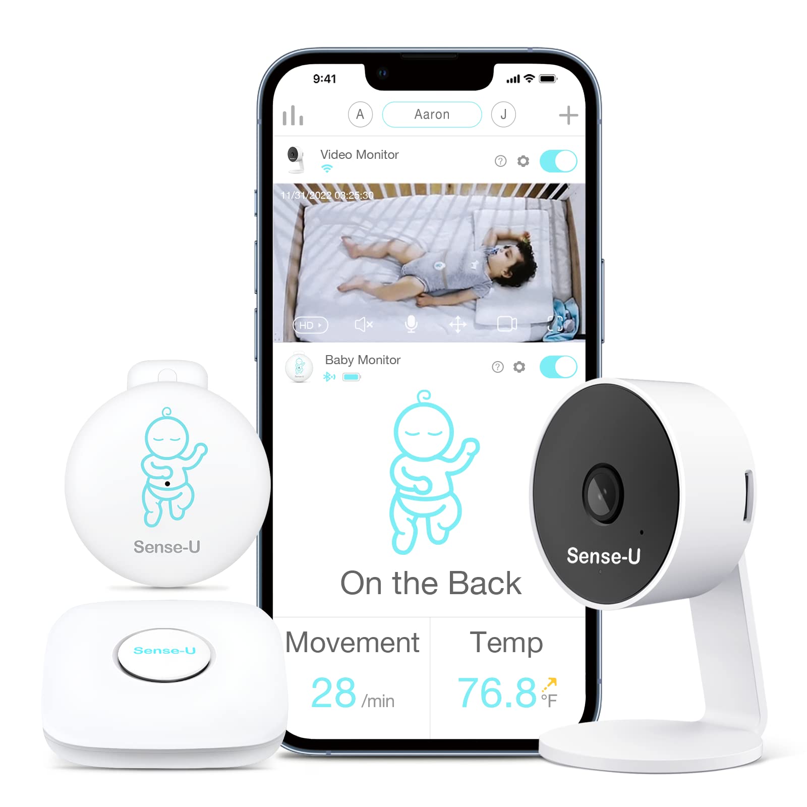 Sense-U Baby Monitor Pro + 2K Camera - Track Abdominal Movement with Arousal Vibration, Rollover, Feeling Temp, Sound and Motion, with Real-time Alerts, 2-Way Talk, Night Vision