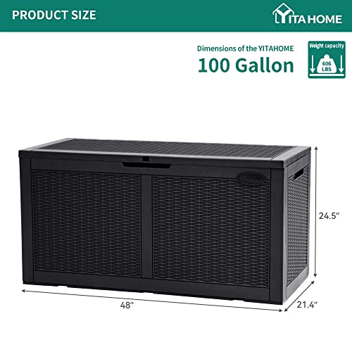 YITAHOME 100 Gallon Large Deck Box w/Storage Net, Resin Outdoor Storage Boxes, Waterproof Patio Cushion Storage Bench for Patio Furniture, Pool Supplies, Garden Tools- Rattan,Lockable (Black)