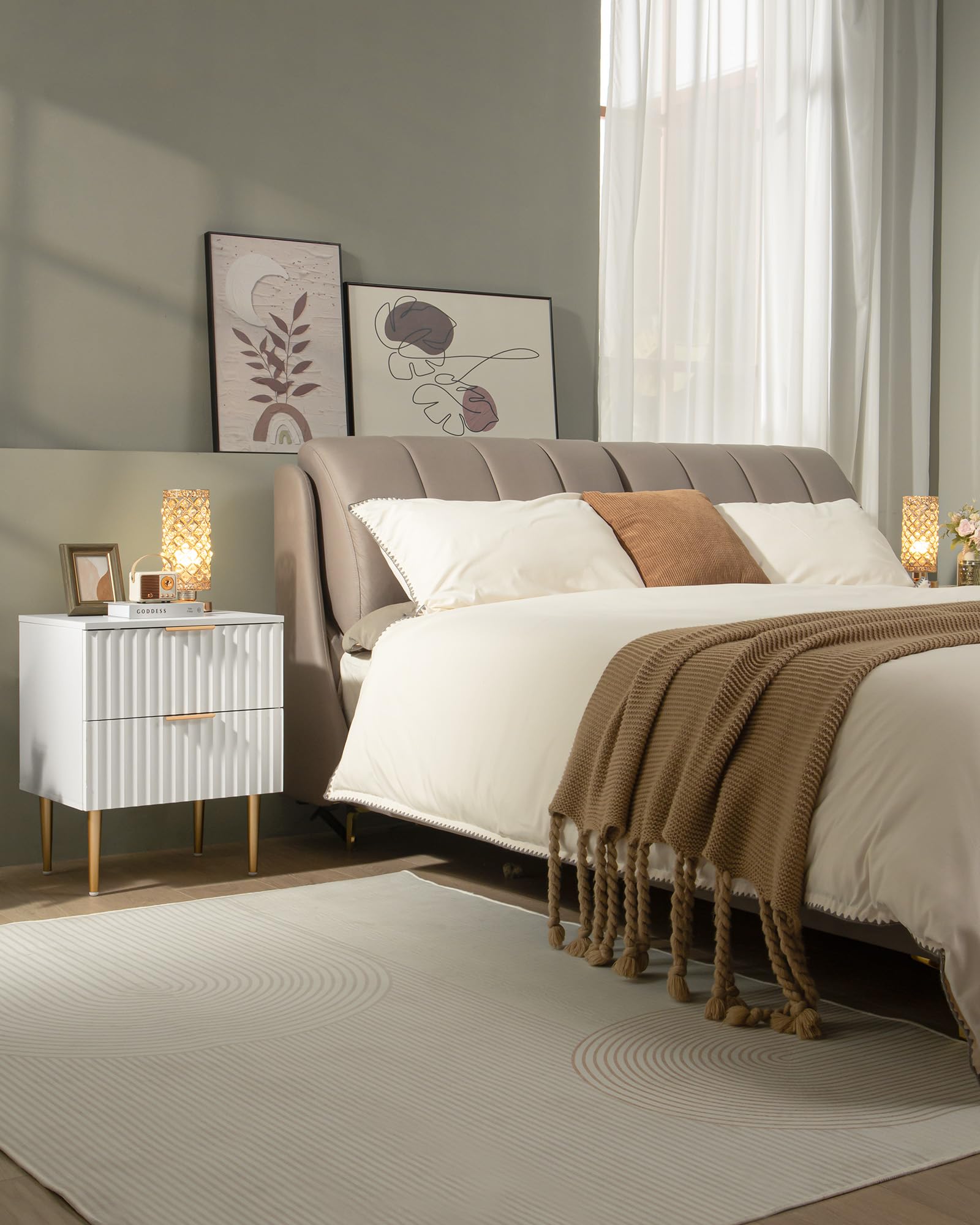 SICOTAS White Night Stand Set 2, Wide Fluted Nightstand with 2 Drawers, Modern Glossy Storage Bedside Table for Bedroom, End Side Table with Golden Metal Legs and Handles(2, White)