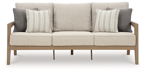 Signature Deisgn by Ashley Hallow Creek Outdoor Sofa with Cushion, 76" W x 36" D x 37" H, Light Brown & Beige