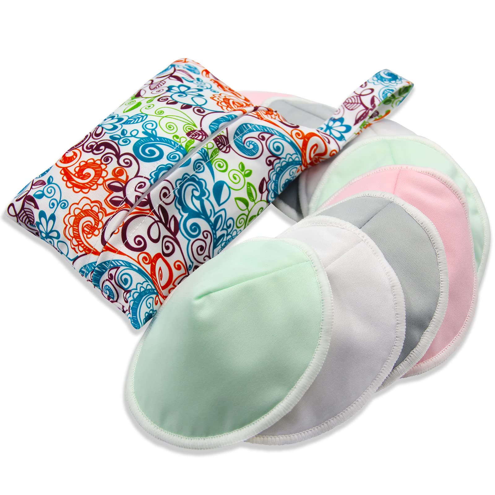 PINOWU Women’s Nursing Pads - 8 Washable Pads + Wet Bag + Wash Bag, Breastfeeding Nipple Pads for Maternity - Reusable Nipplecovers for Breast Feeding (Pastel Touch, Large 4.7")