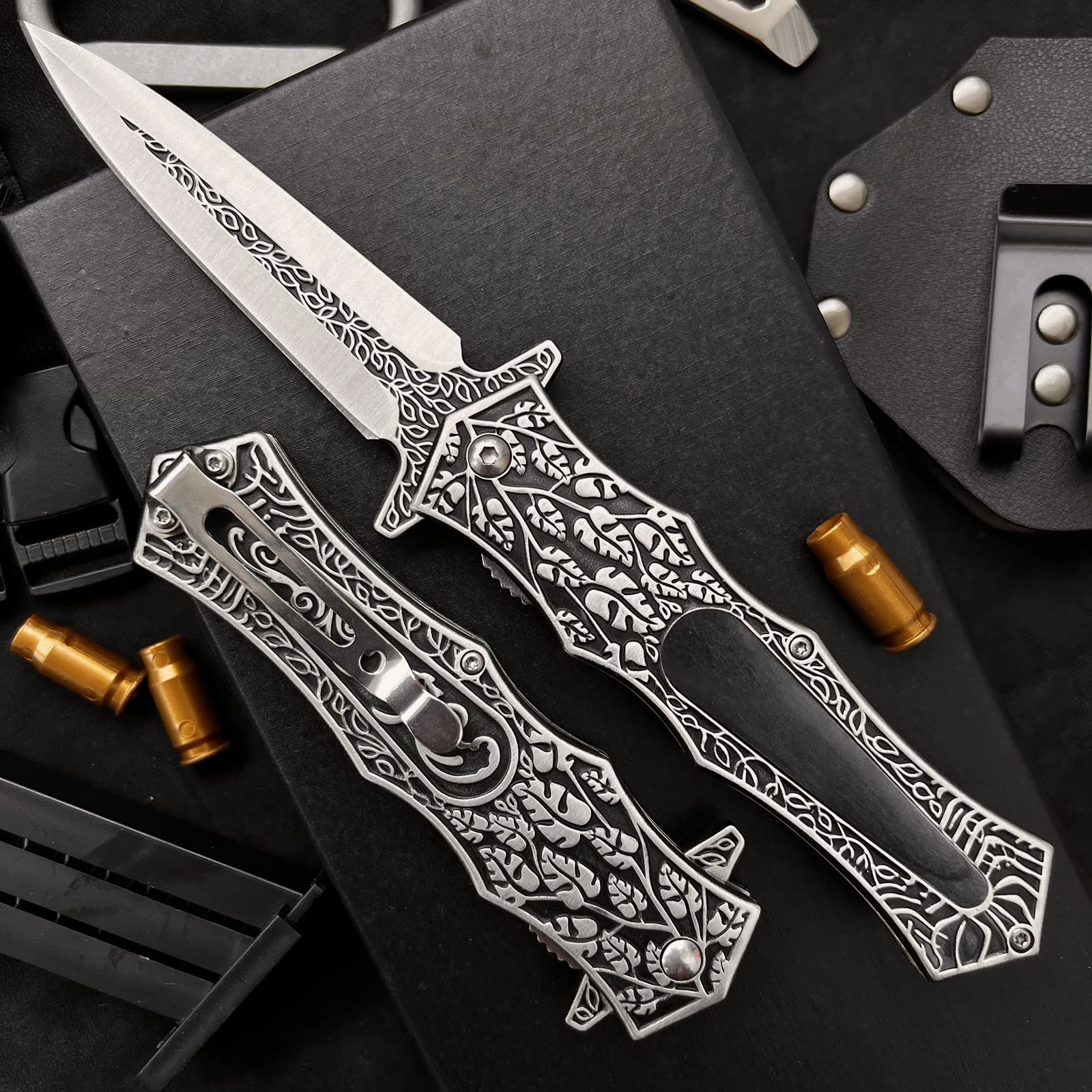 NAXFUSS Camping Tactical Japanese Pocket Knife with Leaf Patterned Wooden Handle and Clip - 8.9" EDC Hunting Survival Folding Knife with Clip, Unique Gifts for Men