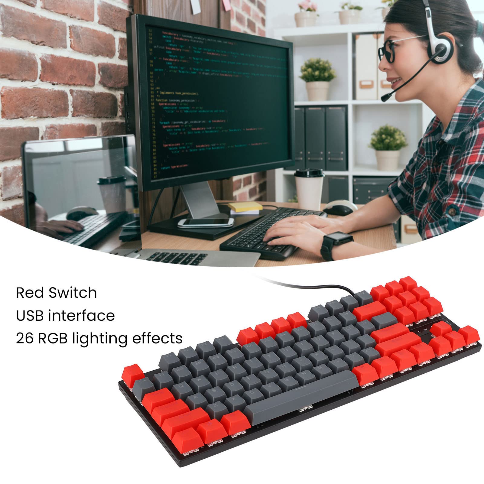 Red Switch Mechanical Keyboard Floating Button Structure 2 Color Injection Molding Red Switch Color Lock Mechanical Gaming Keyboard for Gaming (Gray and Red)