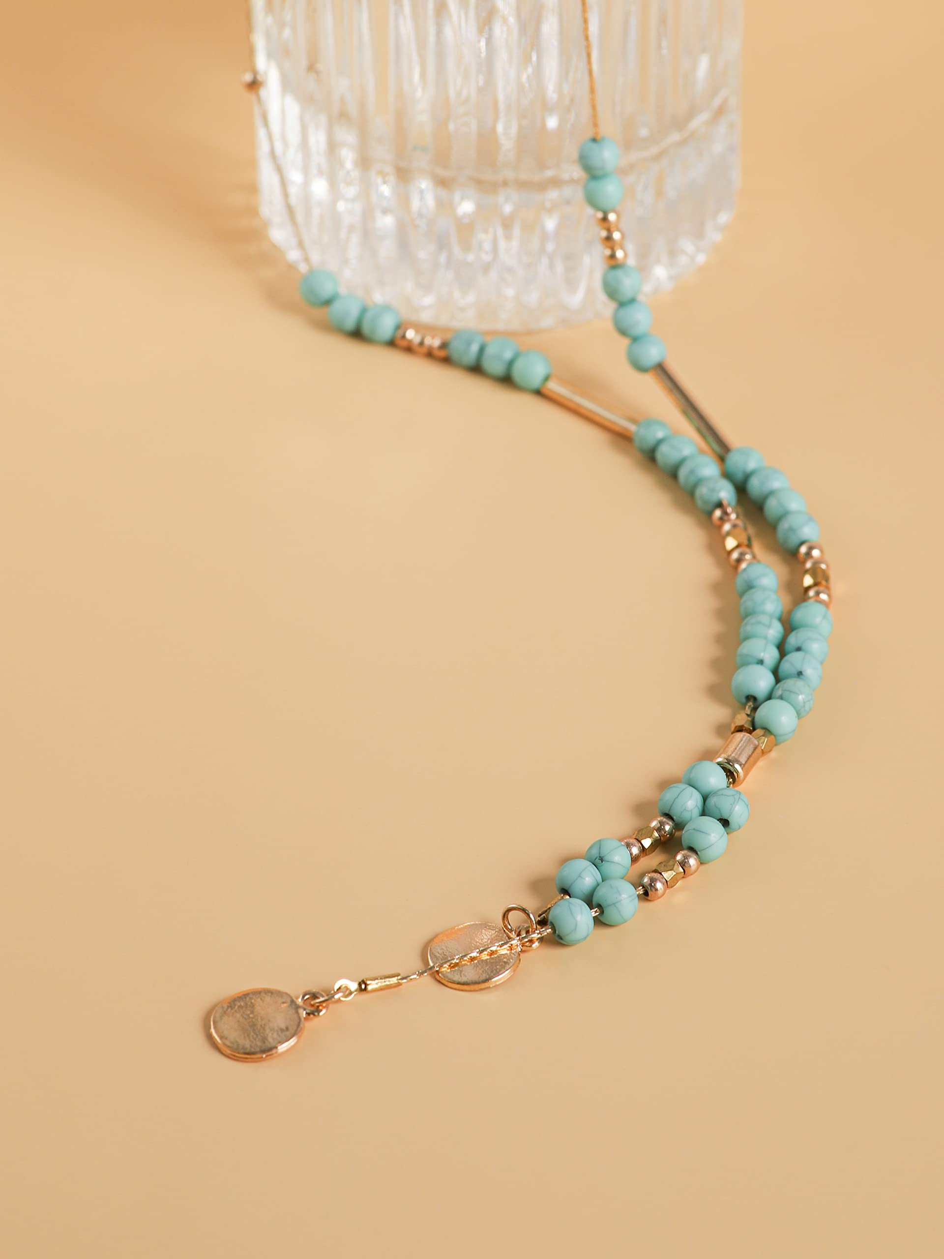 MINACHI Bohemian Created Turquoise Necklace for Women, Vintage Boho Gold Plated Chain Created Turquoise Bead Y Necklace, Boho Jewelry Gift for Women