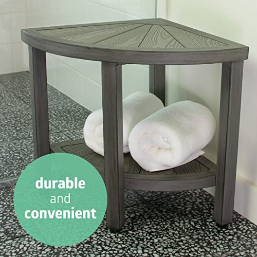 Medline Faux Teak Bathroom Corner Bench, Aluminum Shower Bench with Teak-Like Appearance,Brown