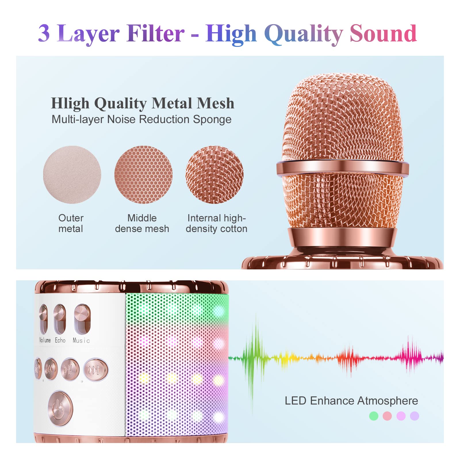 Microphone for Kids, Kussla Wireless Bluetooth Microphone with LED Lights Karaoke Machine for Kids, Girls Boys Toy and Gift for 2, 3, 4, 5, 6+ Years Old