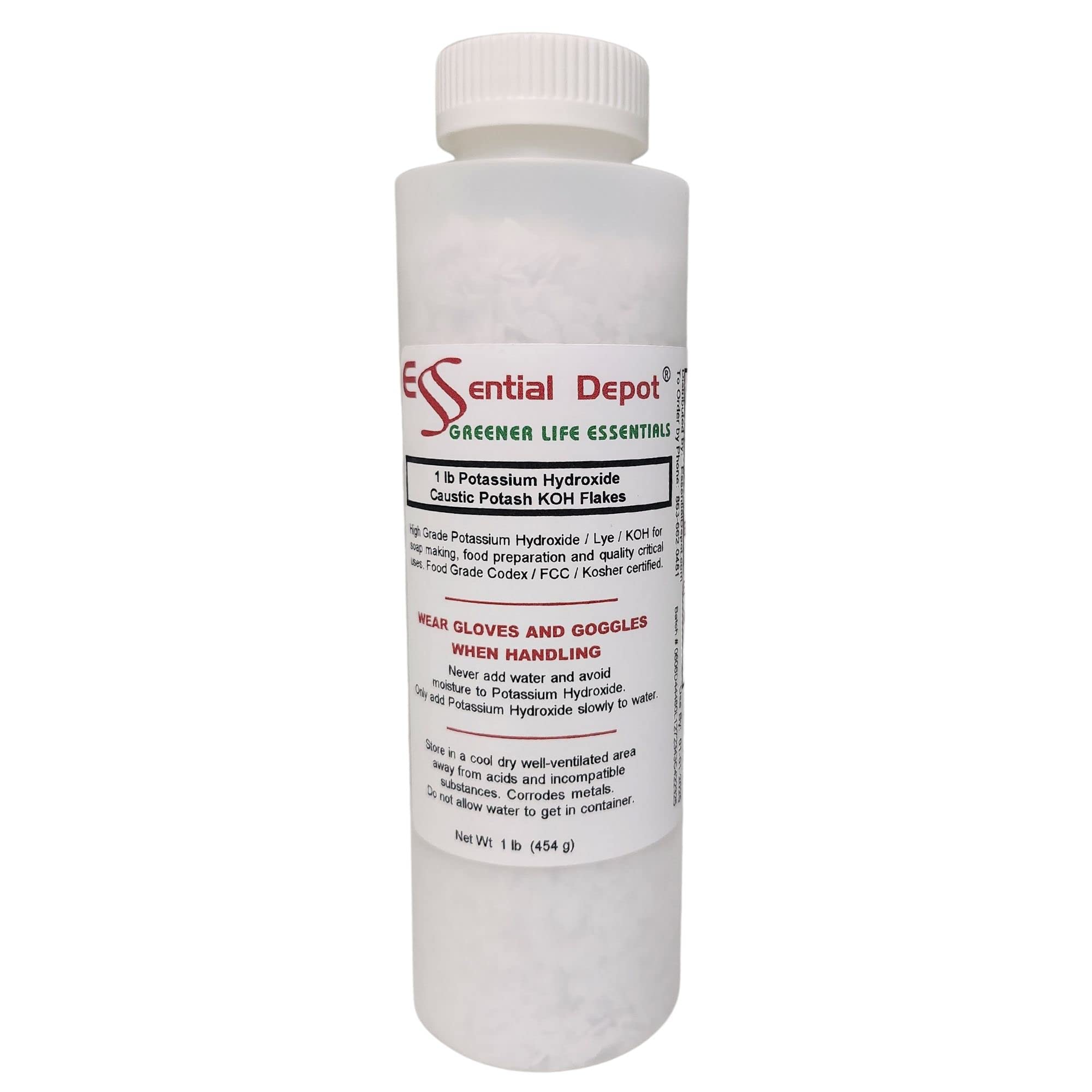 Potassium Hydroxide Flakes KOH, 4 lbs (4 x 1lb Container) Caustic Potash Anhydrous KOH Dry Electrolyte - HDPE Container with resealable Child Resistant Cap