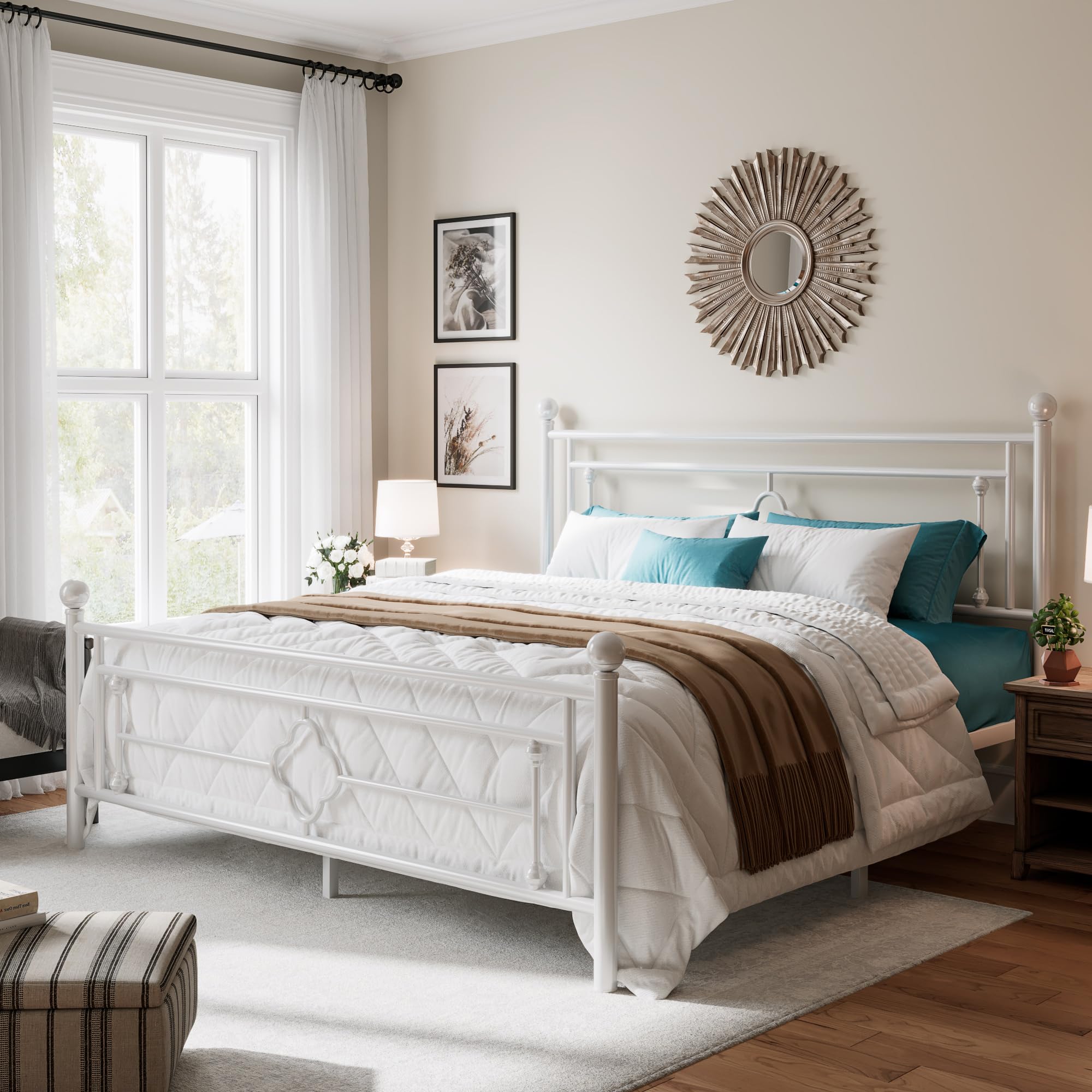 HOOMIC 14 Inch Queen Size Metal Platform Bed Frame, Vintage Victorian Style, Wrought Iron Headboard and Footboard/Mattress Foundation for Storage/No Box Spring Required/Easy Assembly/White
