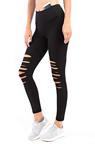 Hype Up Women's High Waisted Ripped Super Buttery Soft Active Wear Full Length Leggings with Inner Pocket (S-3X) Black