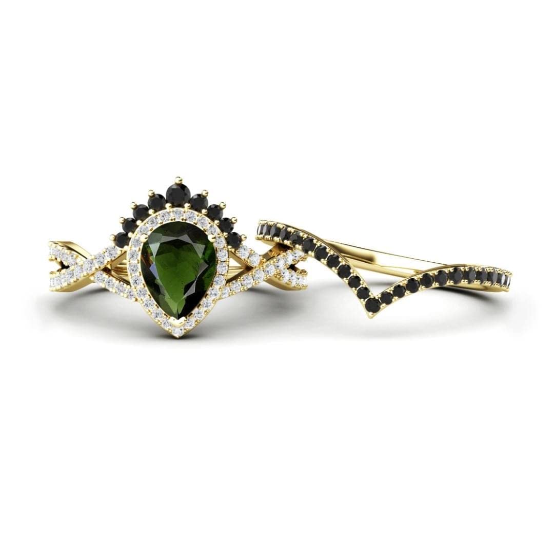 Moldavite Engagement Ring, Antique Moldavite Wedding Ring, Pear Shape Moldavite Bridal Ring Set, Unique Promise Anniversary Ring Set For Her (Rose Gold, 12)