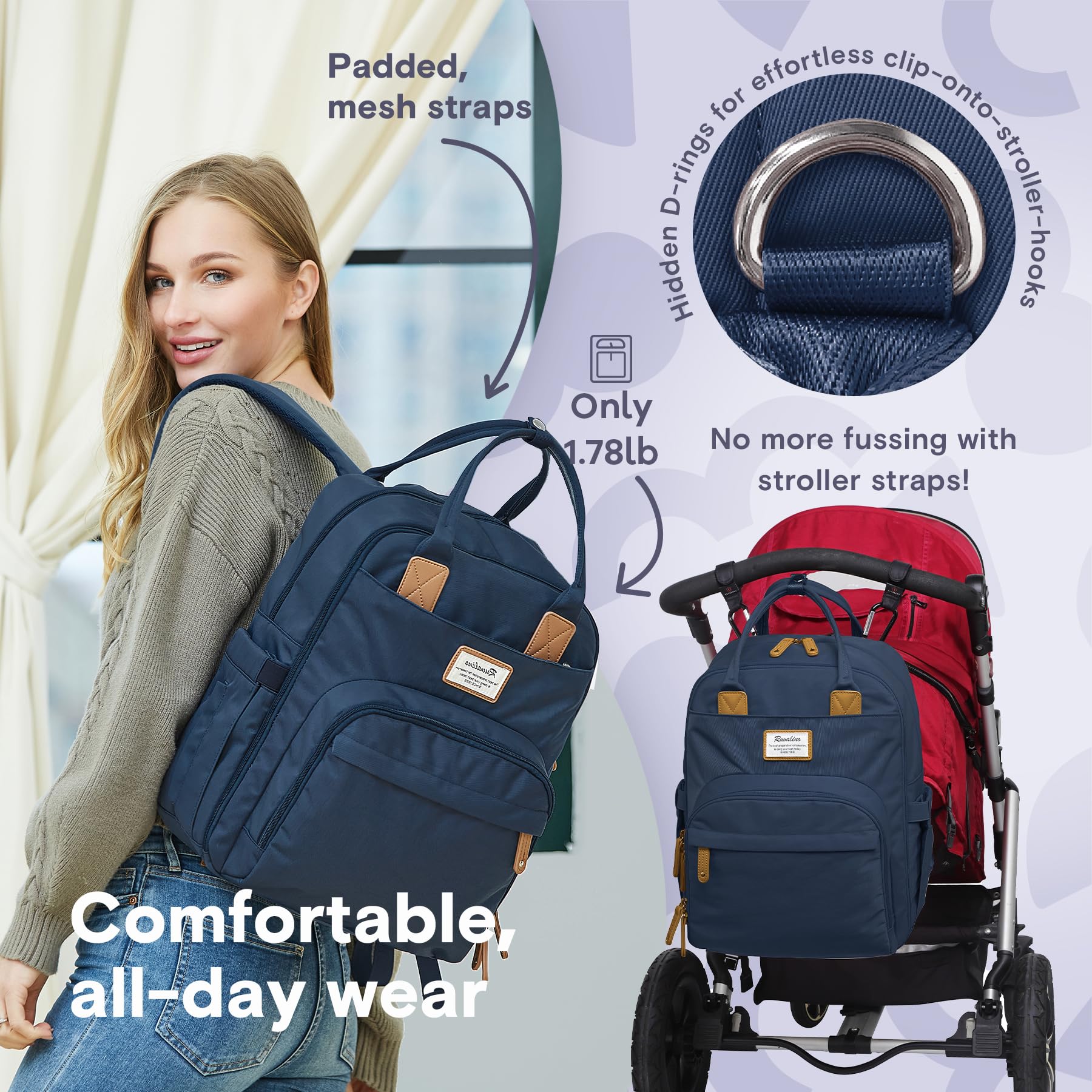 RUVALINO Diaper Bag Backpack - Multifunction Waterproof Travel Backpack, Maternity Baby Bag with Changing Pad & Stroller Ring & Pacifier Case - Travel Essentials & Baby Registry Search - Peacock Blue