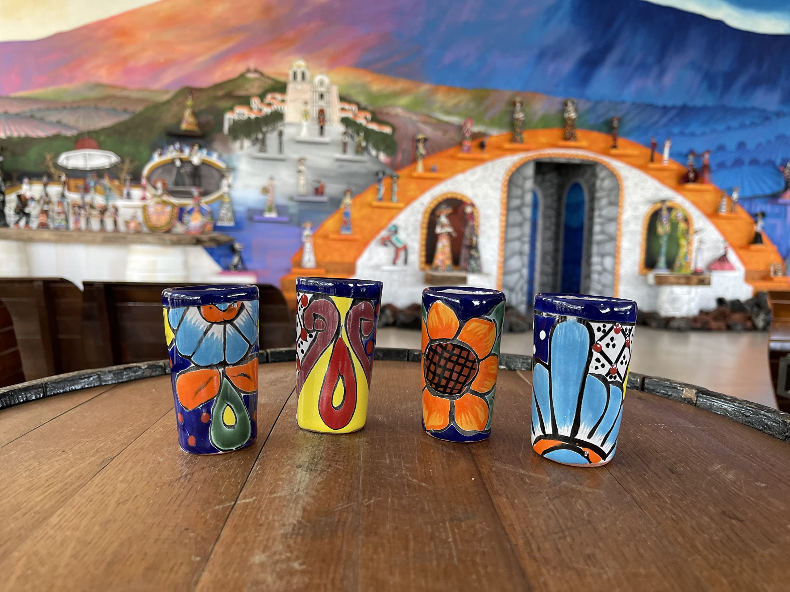 MEXTEQUIL - Talavera Shot Glasses Set of 4 Authentic Mexican Tequila Shot Glasses - Hand-painted - 2 Oz (Flowers)
