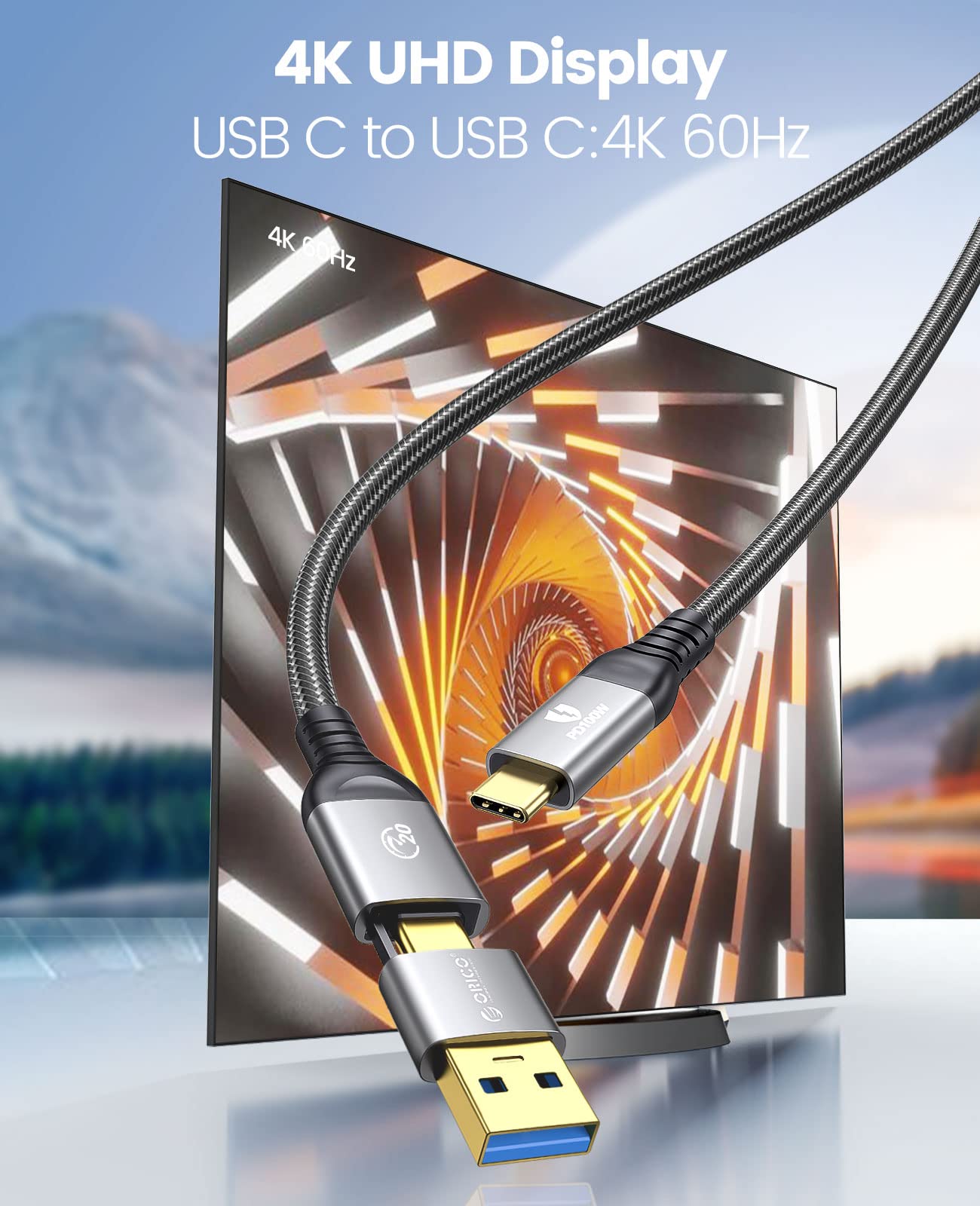 ORICO USB C to USB C 3.2 Gen 2 Cable 20Gbps Data Transfer, 2 in 1 USB C Cable 4K Output, 100W PD Fast Charging with Strap for Thunderbolt 3, MacBook, iPad Pro, Oculus Quest, Switch 3.3FT
